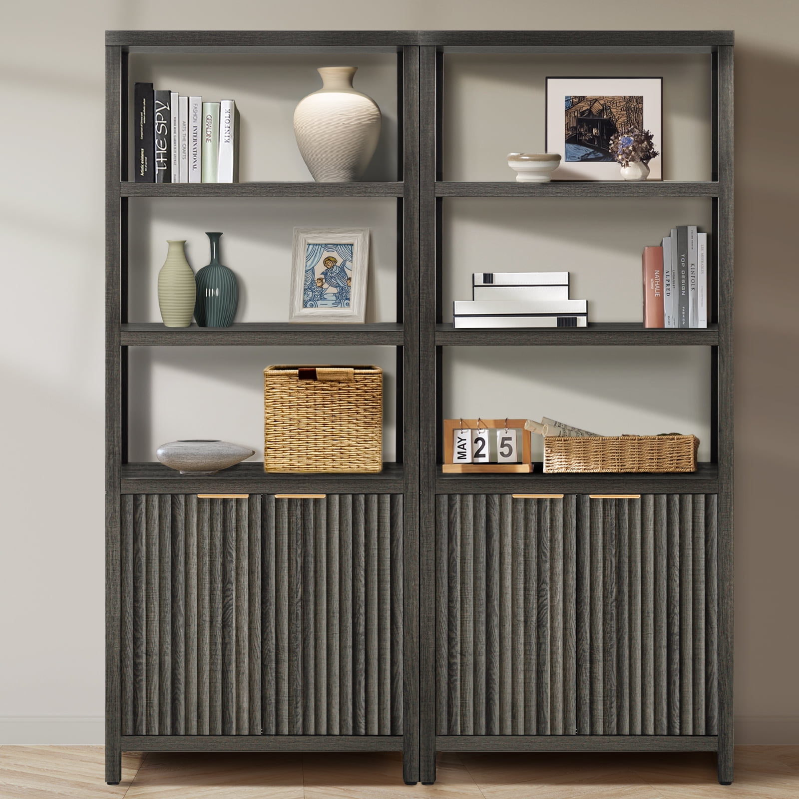 ARKANTOS Fluted Bookshelf with Doors Adjustable Shelf and Storage ...