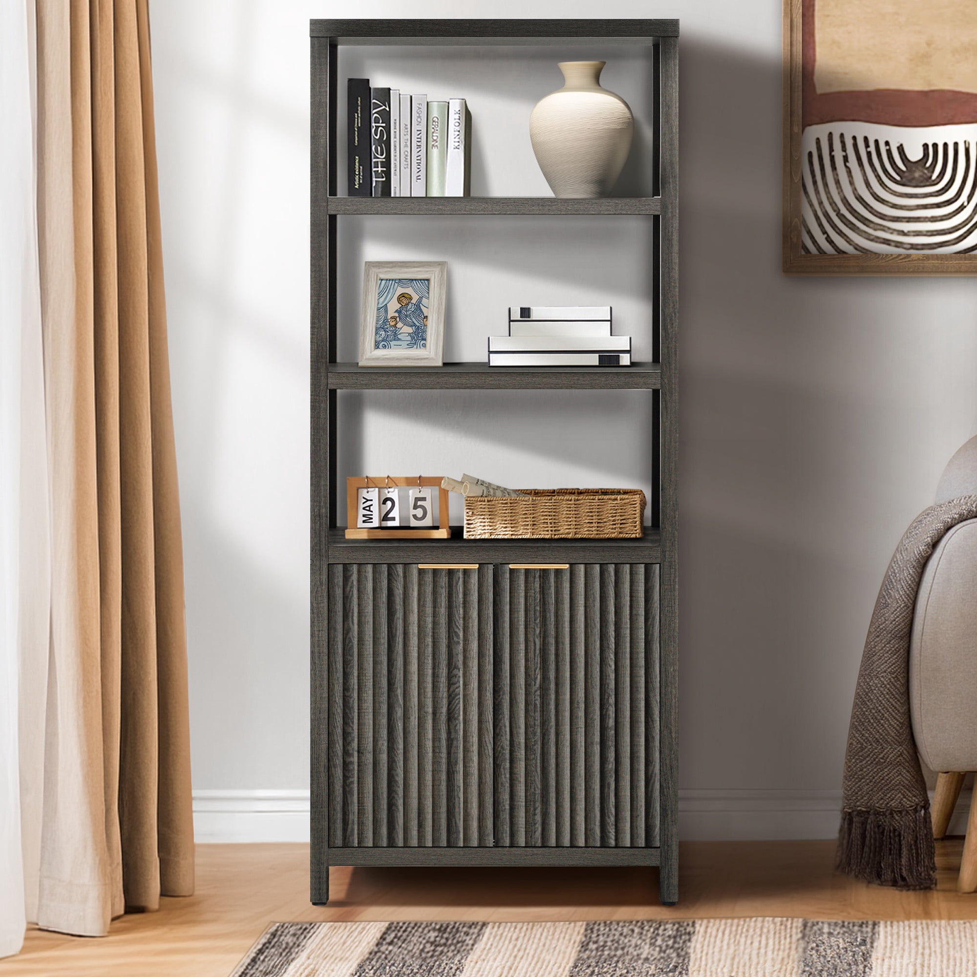 ARKANTOS Fluted Bookshelf with Doors Adjustable Shelf and Storage ...