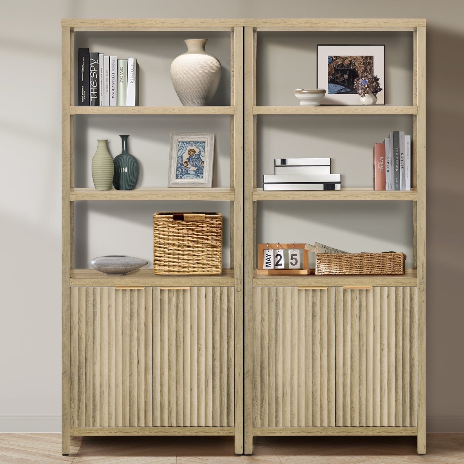 ARKANTOS Fluted Bookshelf with Doors Adjustable Shelf and Storage ...
