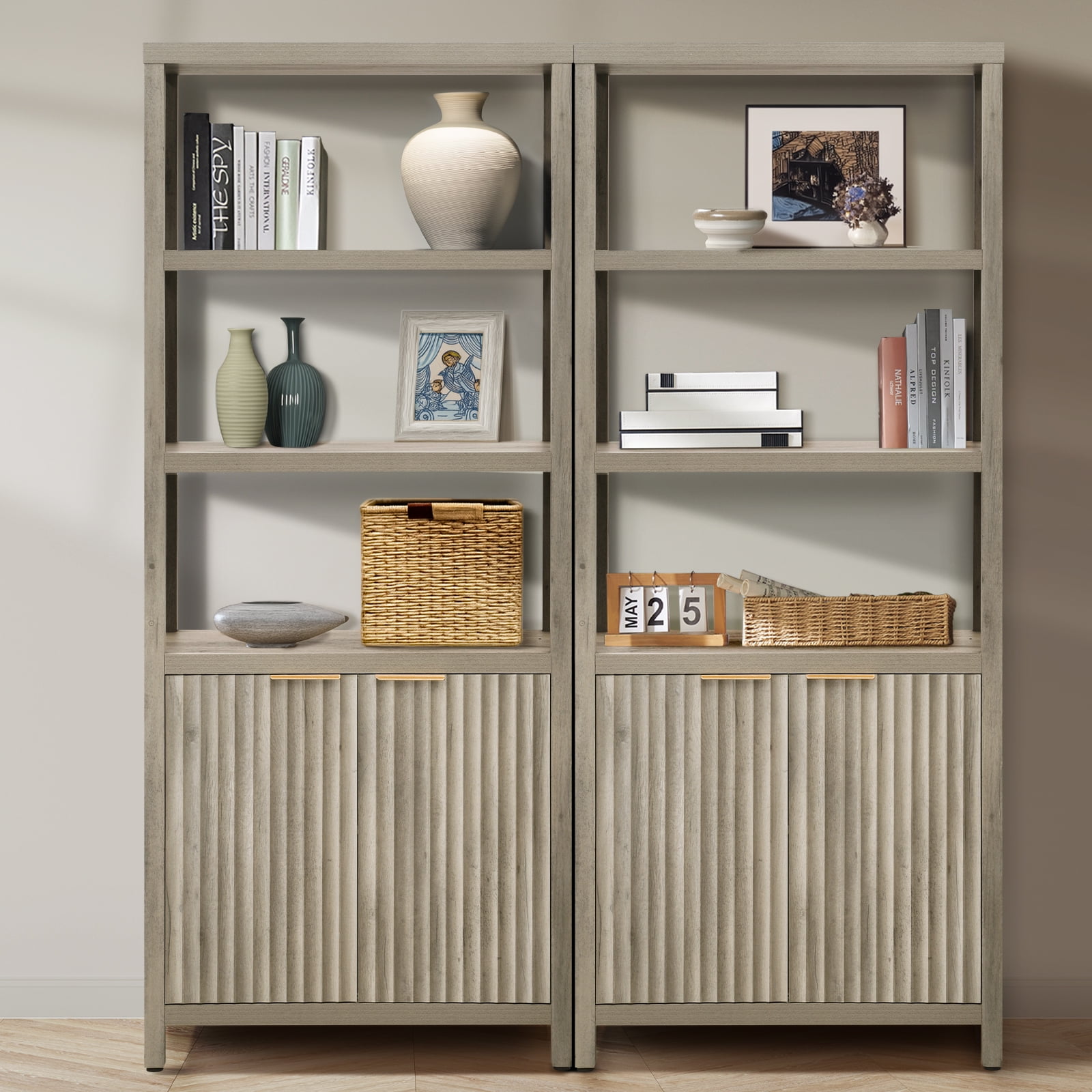 ARKANTOS Fluted Bookshelf with Doors Adjustable Shelf and Storage ...