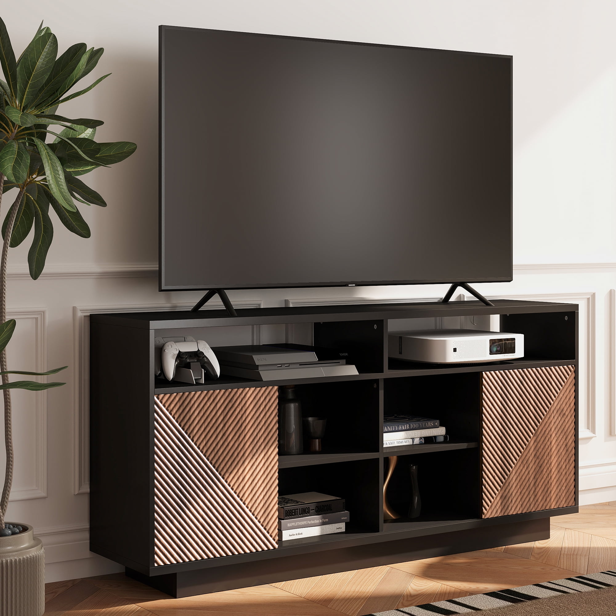 ARKANTOS Fluted TV Stand for up to 70" TV, 2-Sliding Door, Adjustable ...