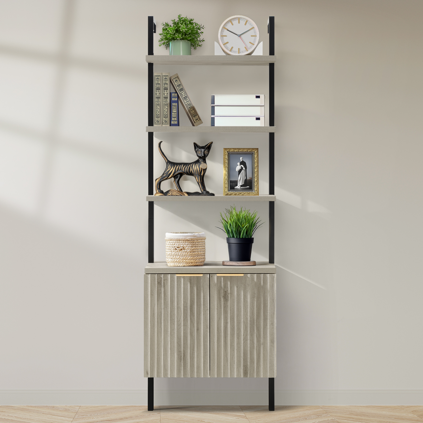 ARKANTOS Ladder Bookshelf 5 Tier Adjustable Shelf Fluted Cabinet Wall ...