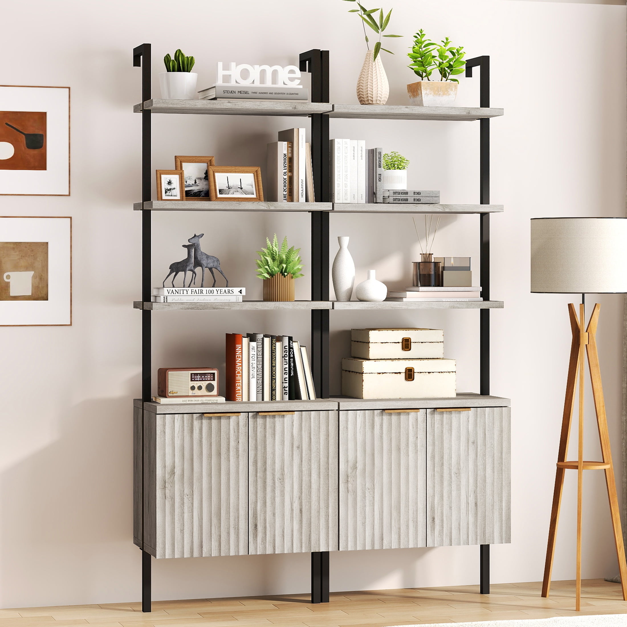 ARKANTOS Ladder Bookshelf 5 Tier Adjustable Shelf Fluted Cabinet Wall ...