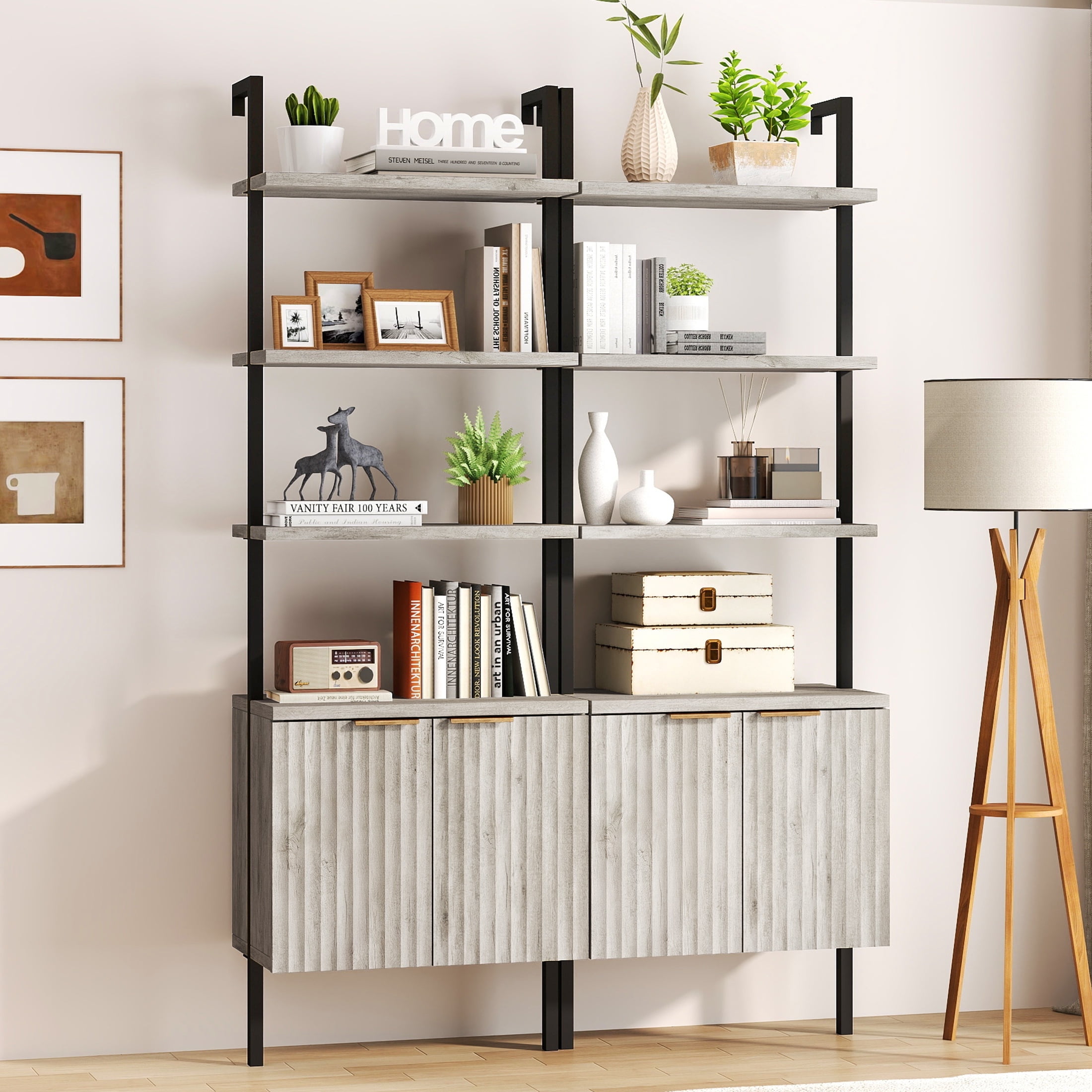 ARKANTOS 5-Tier Wall-Mounted Ladder Shelf Bookshelf with Fluted Cabinet ...