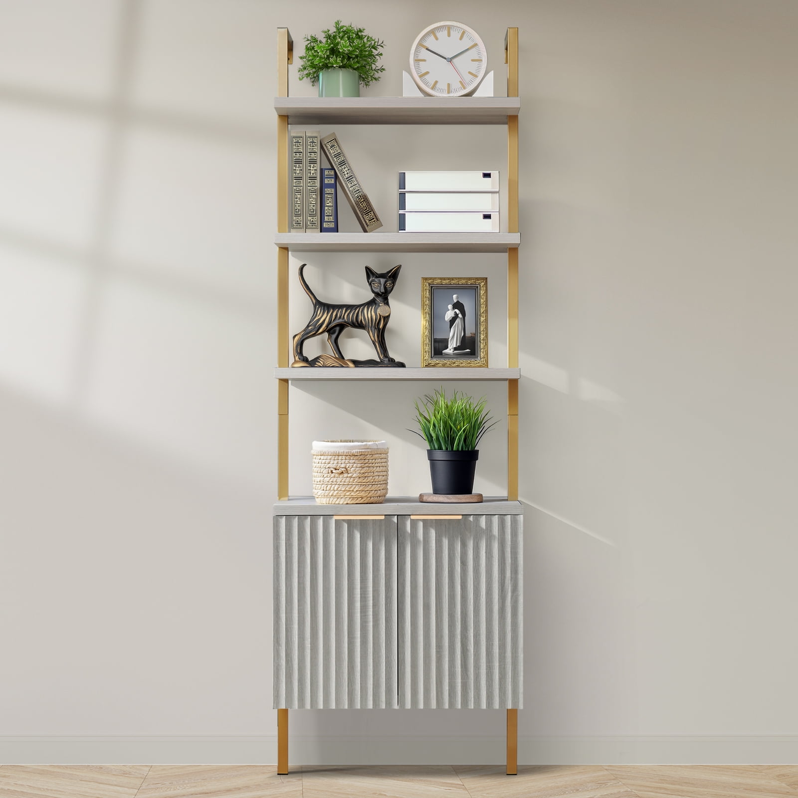 ARKANTOS Ladder Bookshelf 5 Tier Adjustable Shelf Fluted Cabinet Wall ...