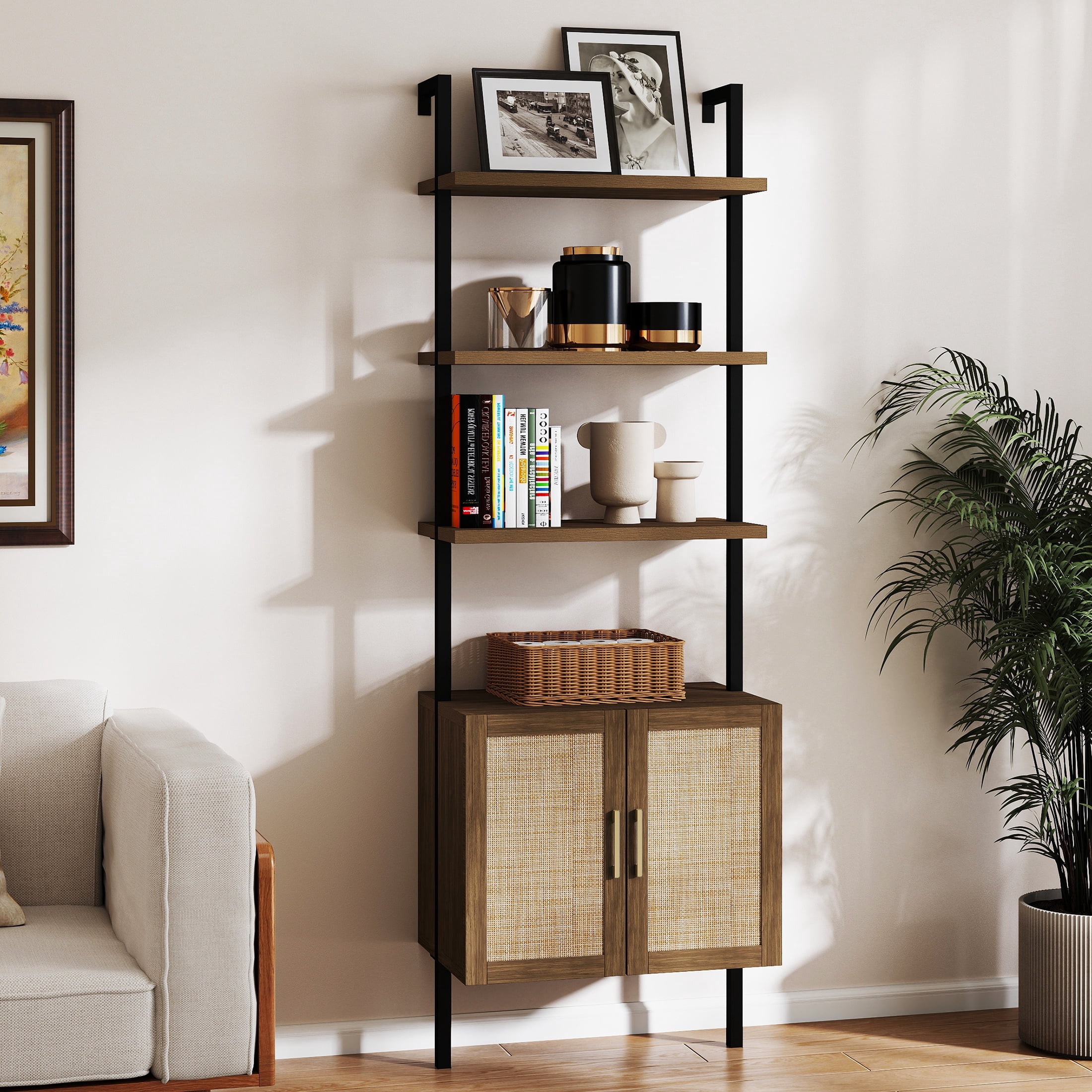 ARKANTOS Ladder Bookshelf 5 Tier Adjustable Shelf Rattan Cabinet Wall ...