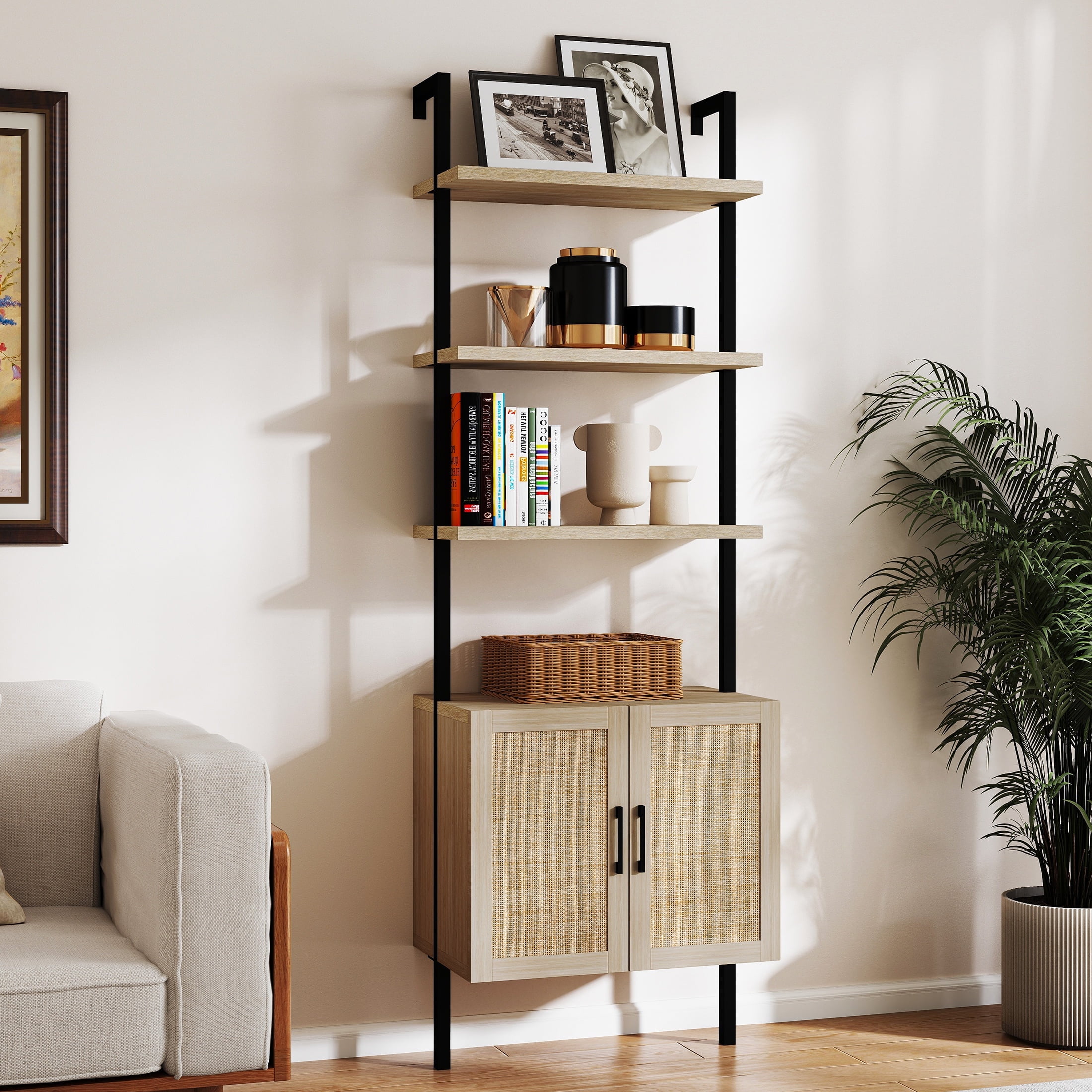 ARKANTOS Ladder Bookshelf 5 Tier Adjustable Shelf Rattan Cabinet Wall ...