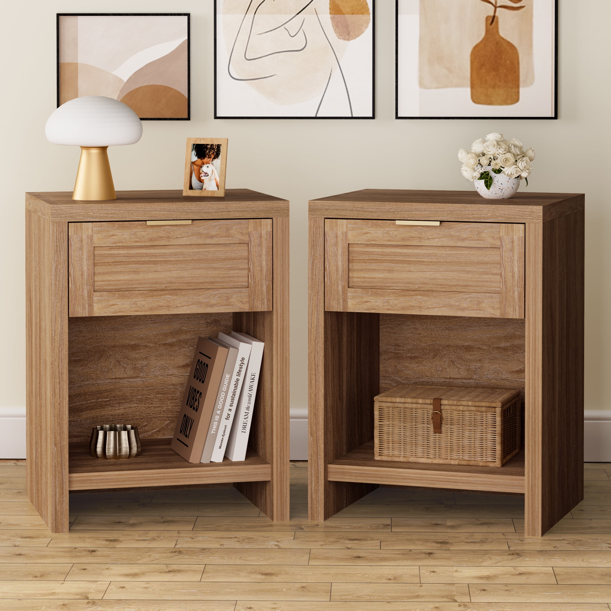 ARKANTOS Nightstand with Drawers Farmhouse Nightstand Set of 2 Natural ...