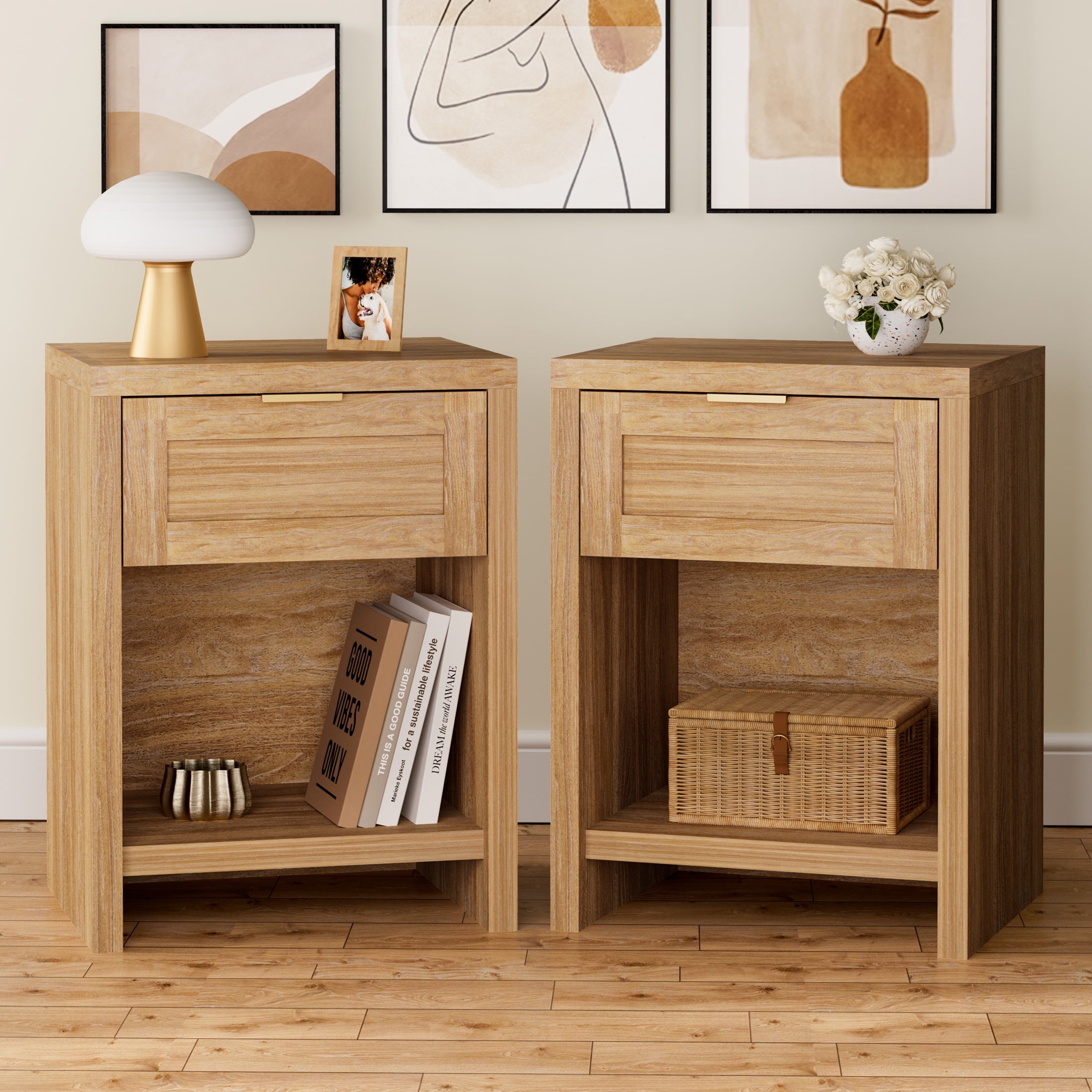 ARKANTOS Nightstand with Drawers Farmhouse Nightstand Set of 2 Natural ...