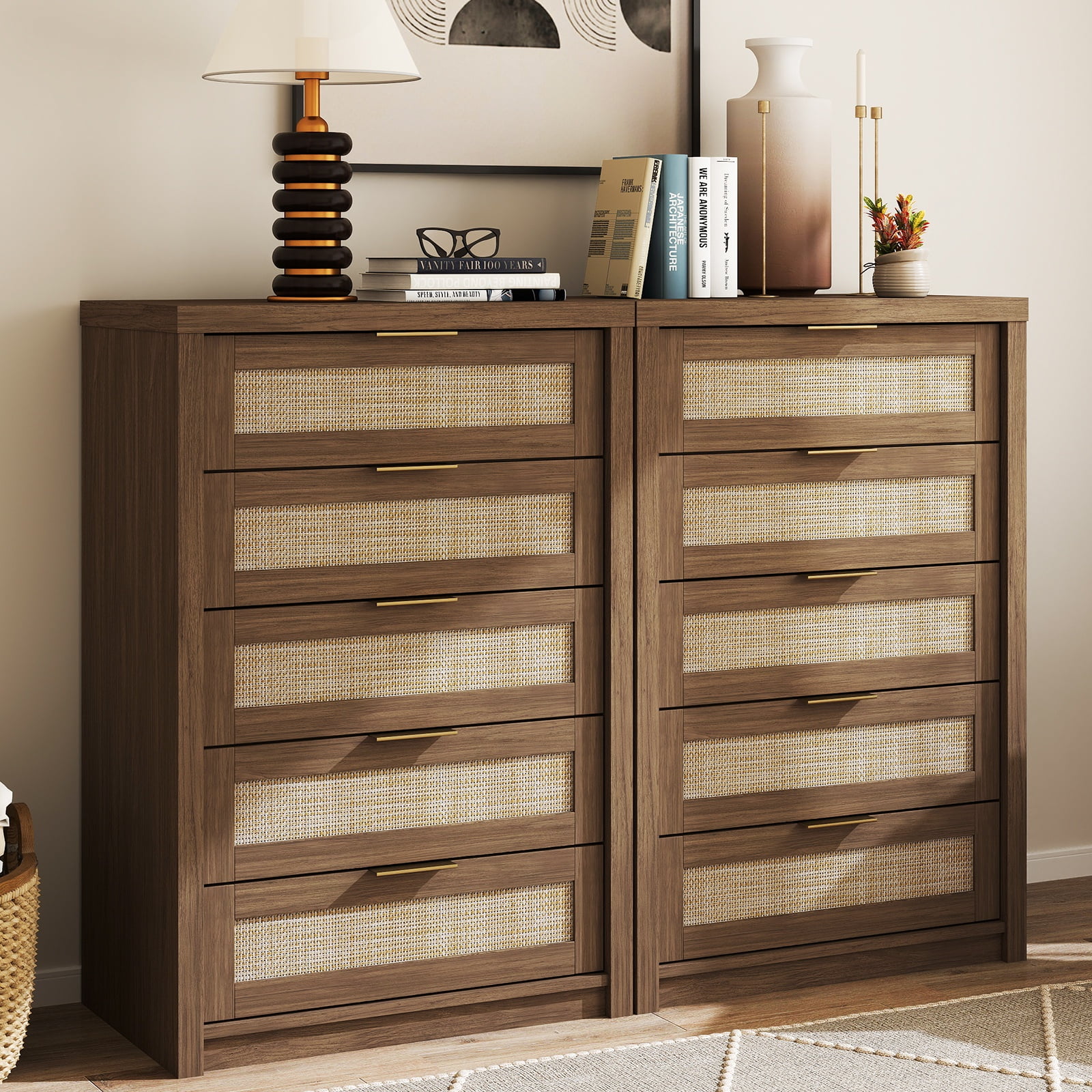 ARKANTOS Rattan 5 Drawer Dresser for Bedroom Set of 2,Wood Storage ...