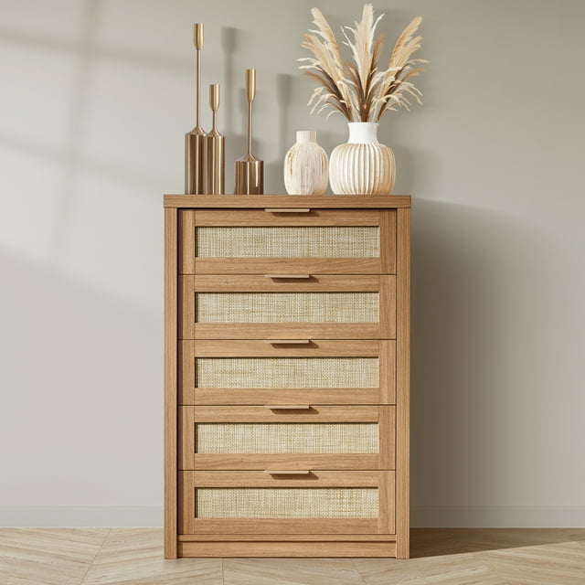 ARKANTOS Rattan 5 Drawer Dresser for Bedroom,Wood Storage Closet ...