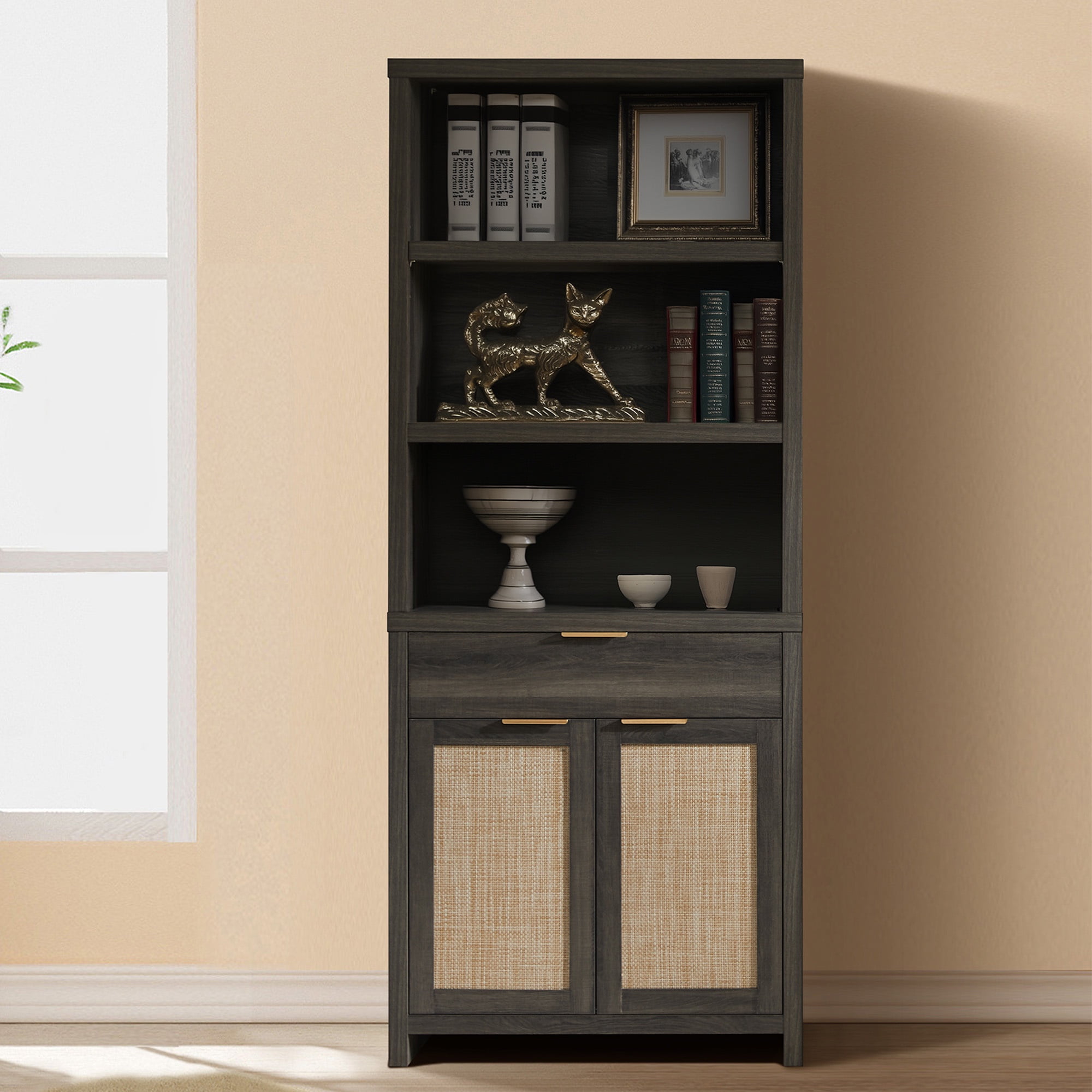 ARKANTOS Rattan 5 Shelf Bookcase with Doors Adjustable Shelf and ...
