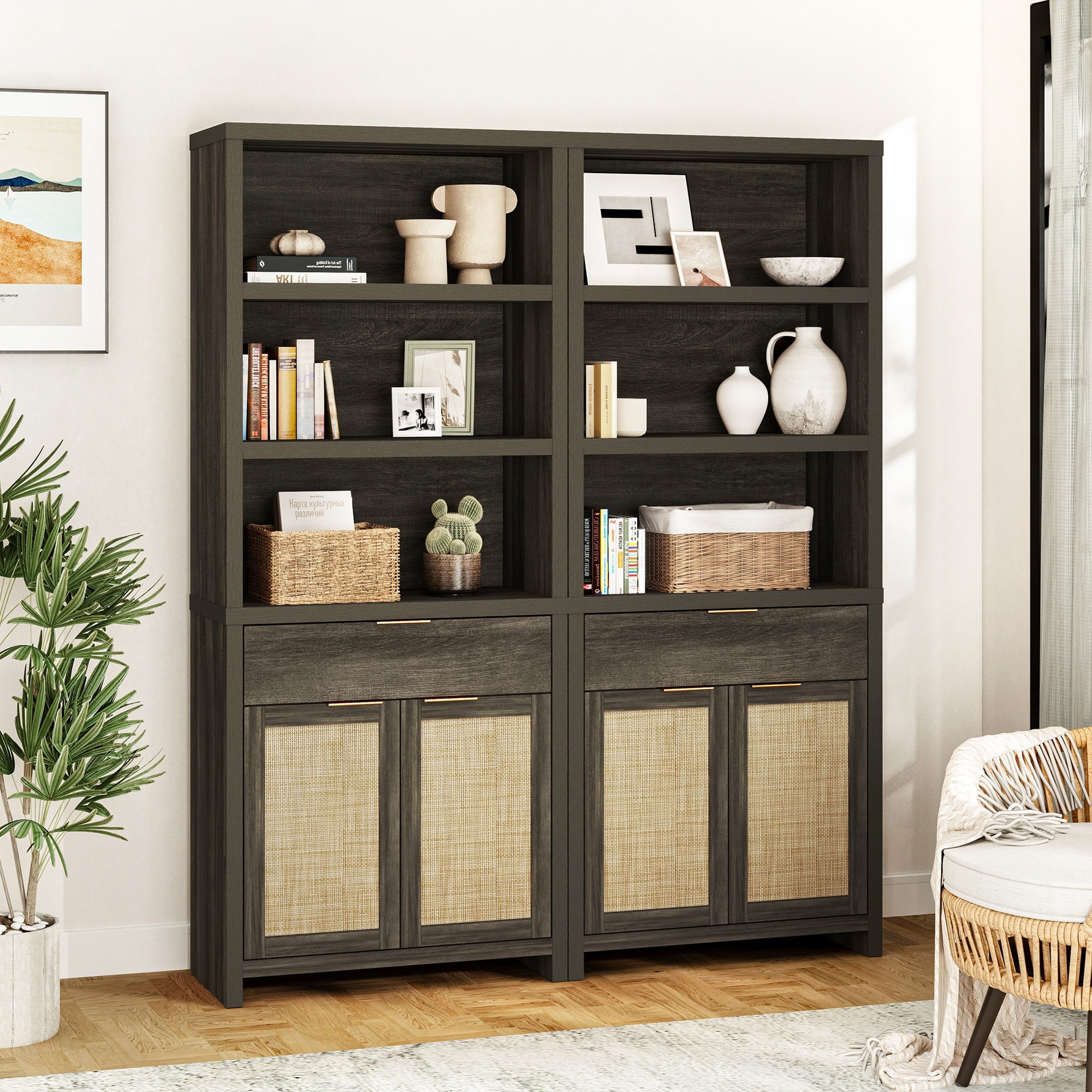 ARKANTOS Rattan 5 Shelf Bookcase Set, Boho Bookshelf with Doors and ...