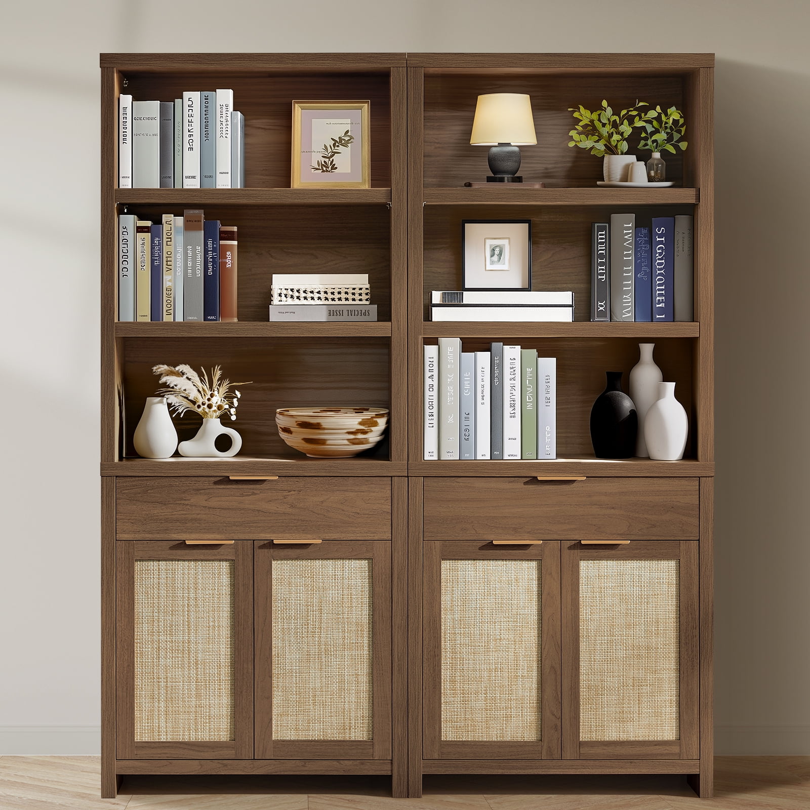 ARKANTOS Rattan 5 Shelf Bookcase with Doors Adjustable Shelf and ...