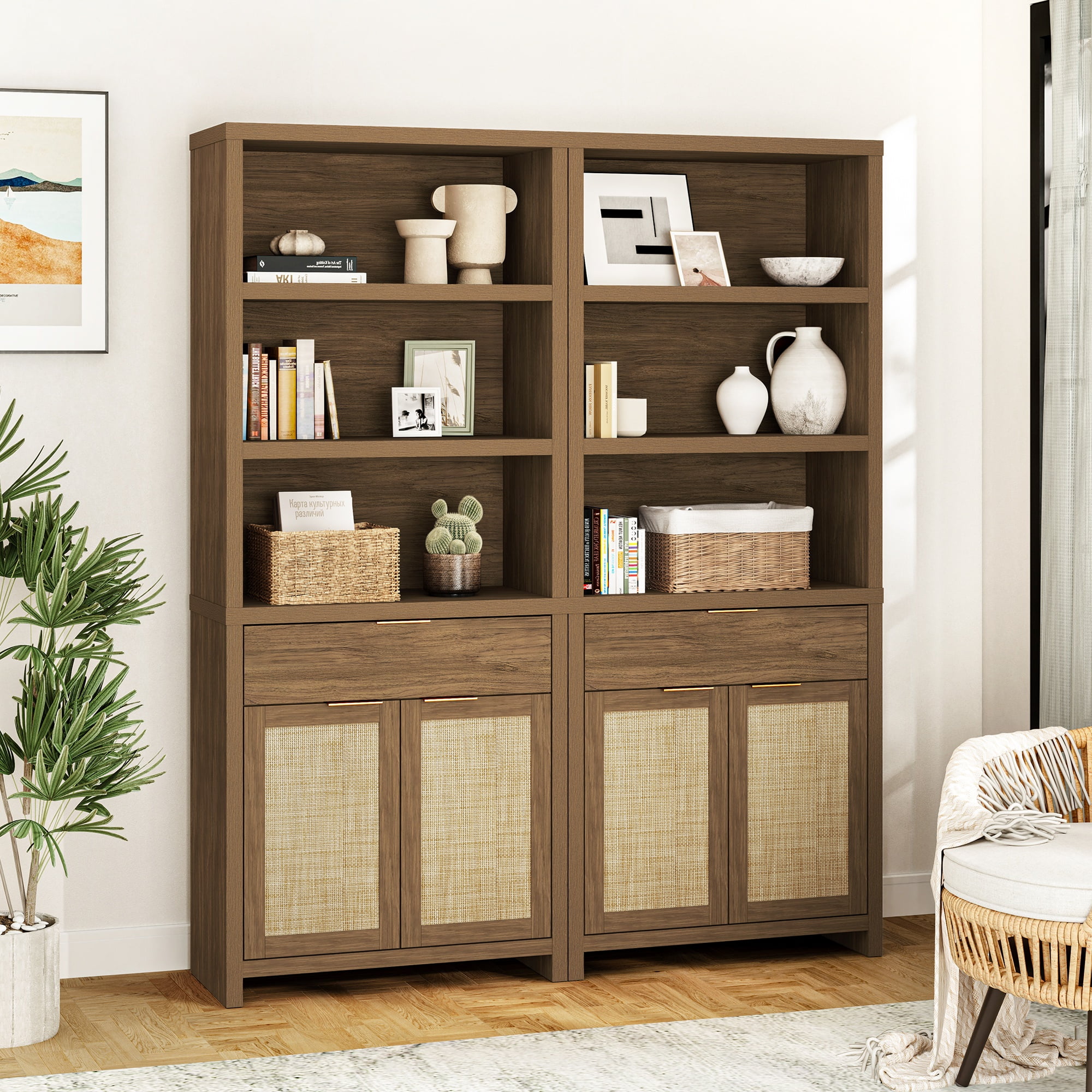 ARKANTOS Rattan 5 Shelf Bookcase with Doors Adjustable Shelf and ...