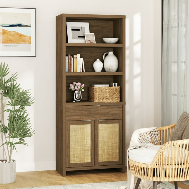 ARKANTOS Rattan 5 Shelf Bookcase with Doors Adjustable Shelf and ...