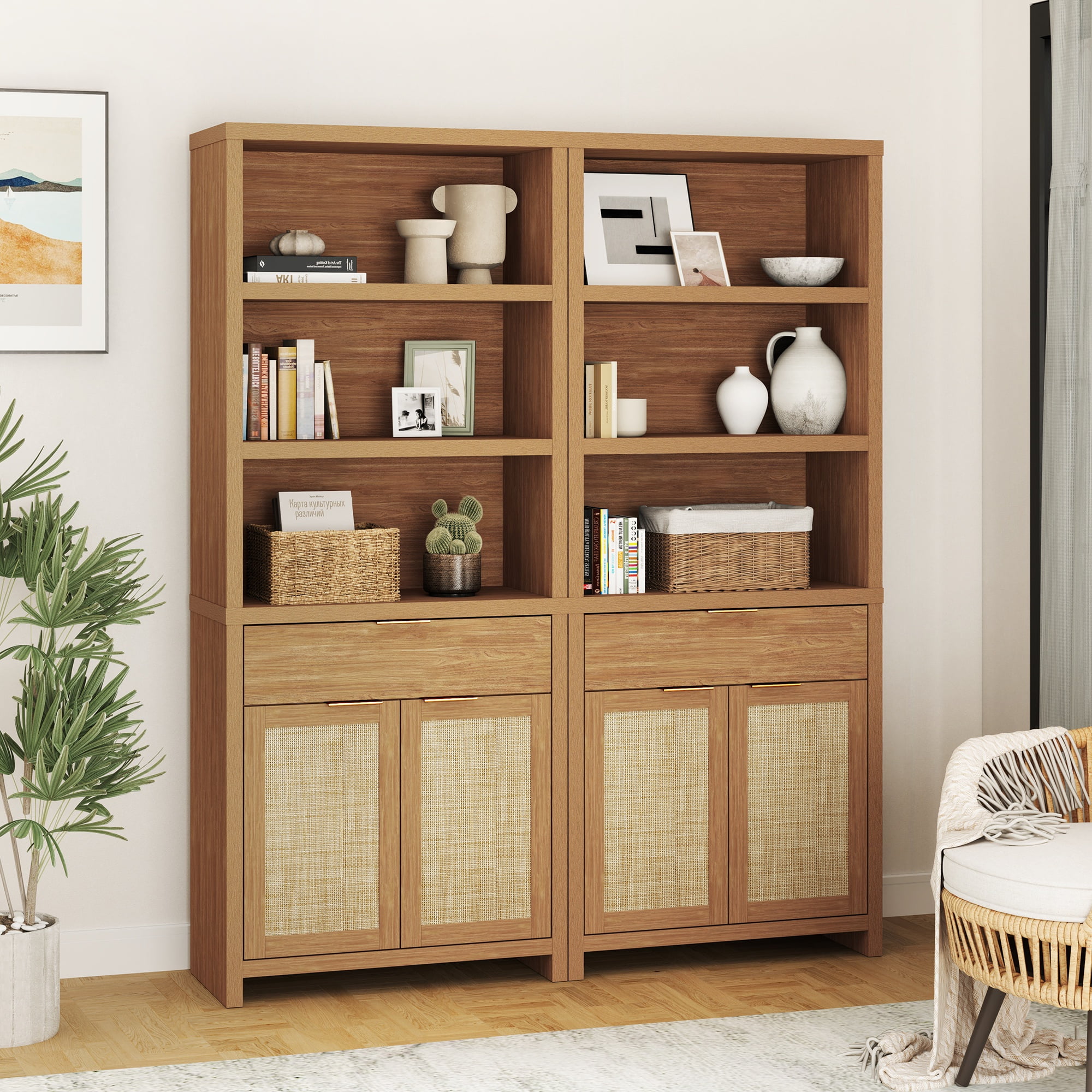 ARKANTOS Rattan 5 Shelf Bookcase Set, Boho Bookshelf with Doors and ...