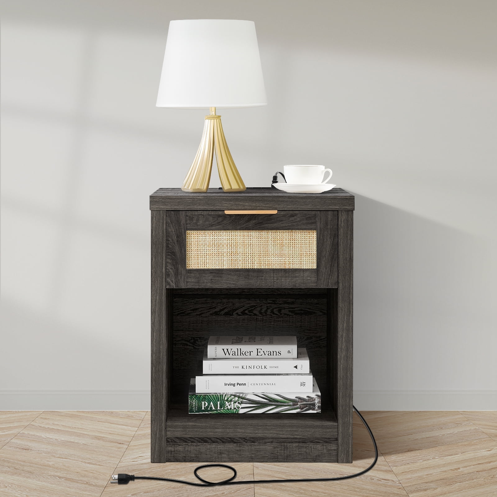 ARKANTOS Rattan Nightstand with Charging Station Bedside Table with ...