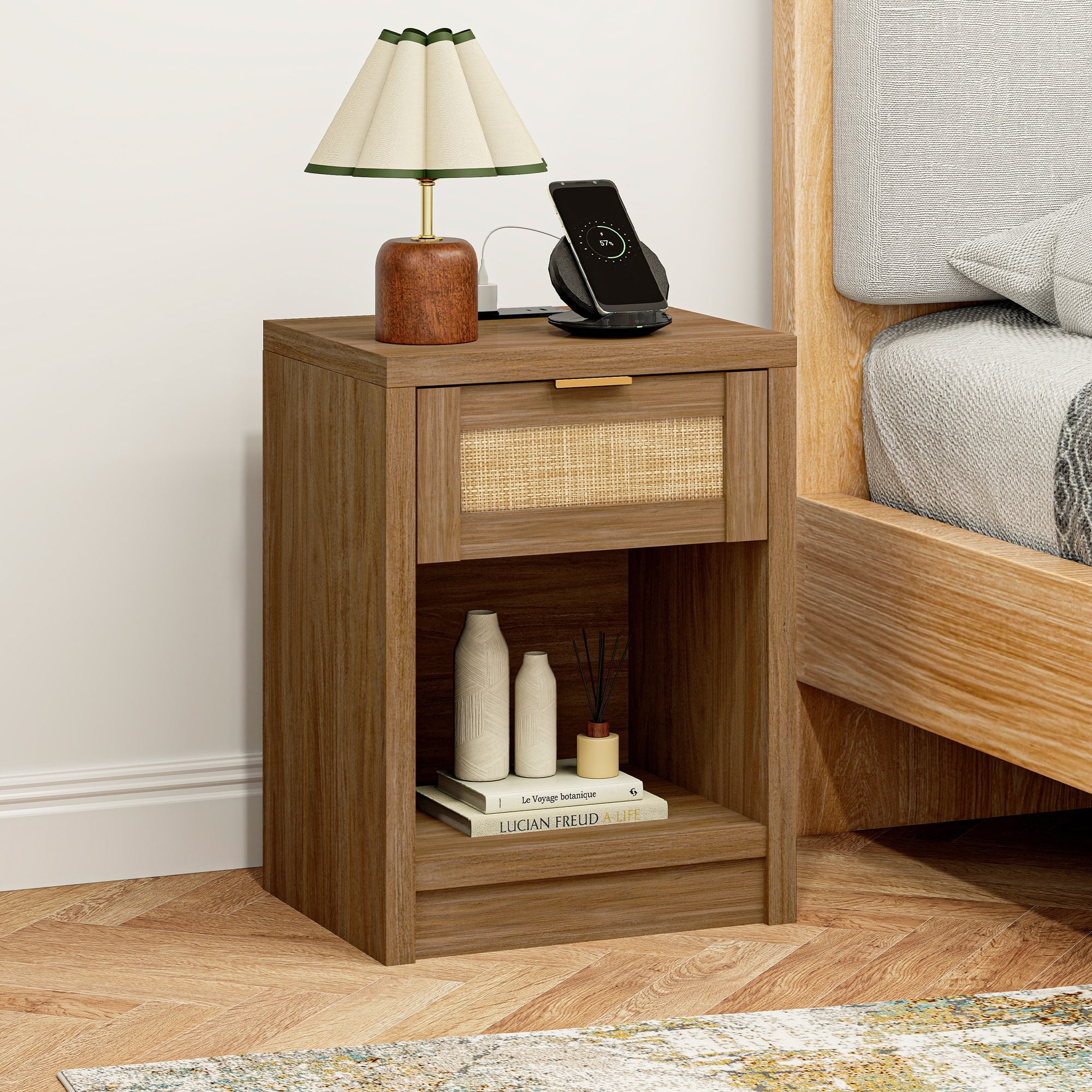 ARKANTOS Rattan Nightstand with Charging Station Bedside Table with ...