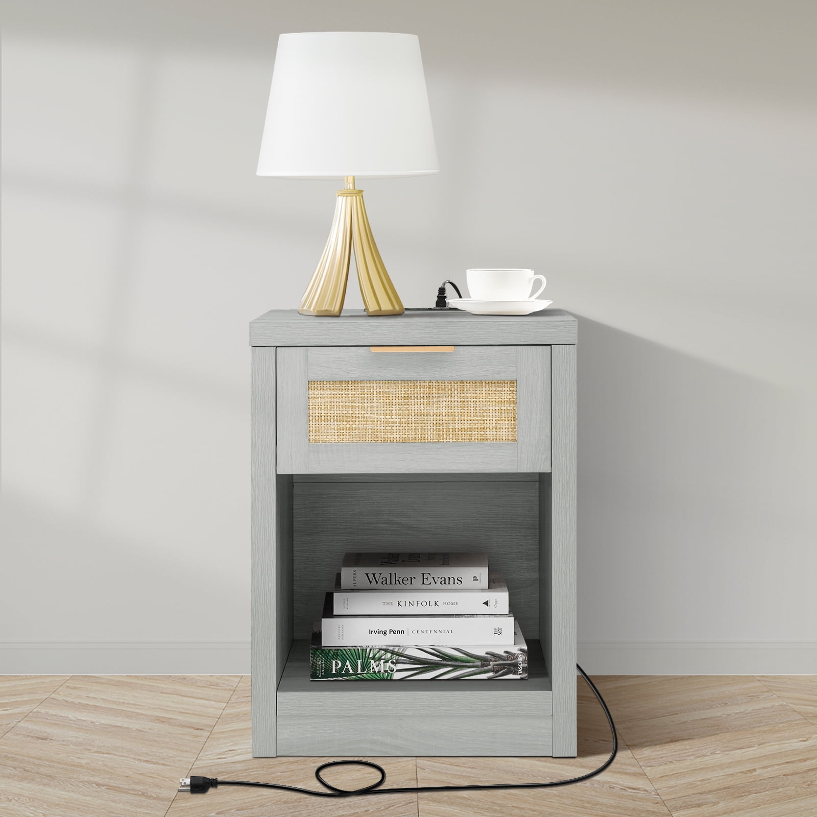 ARKANTOS Rattan Nightstand with Charging Station Bedside Table with ...