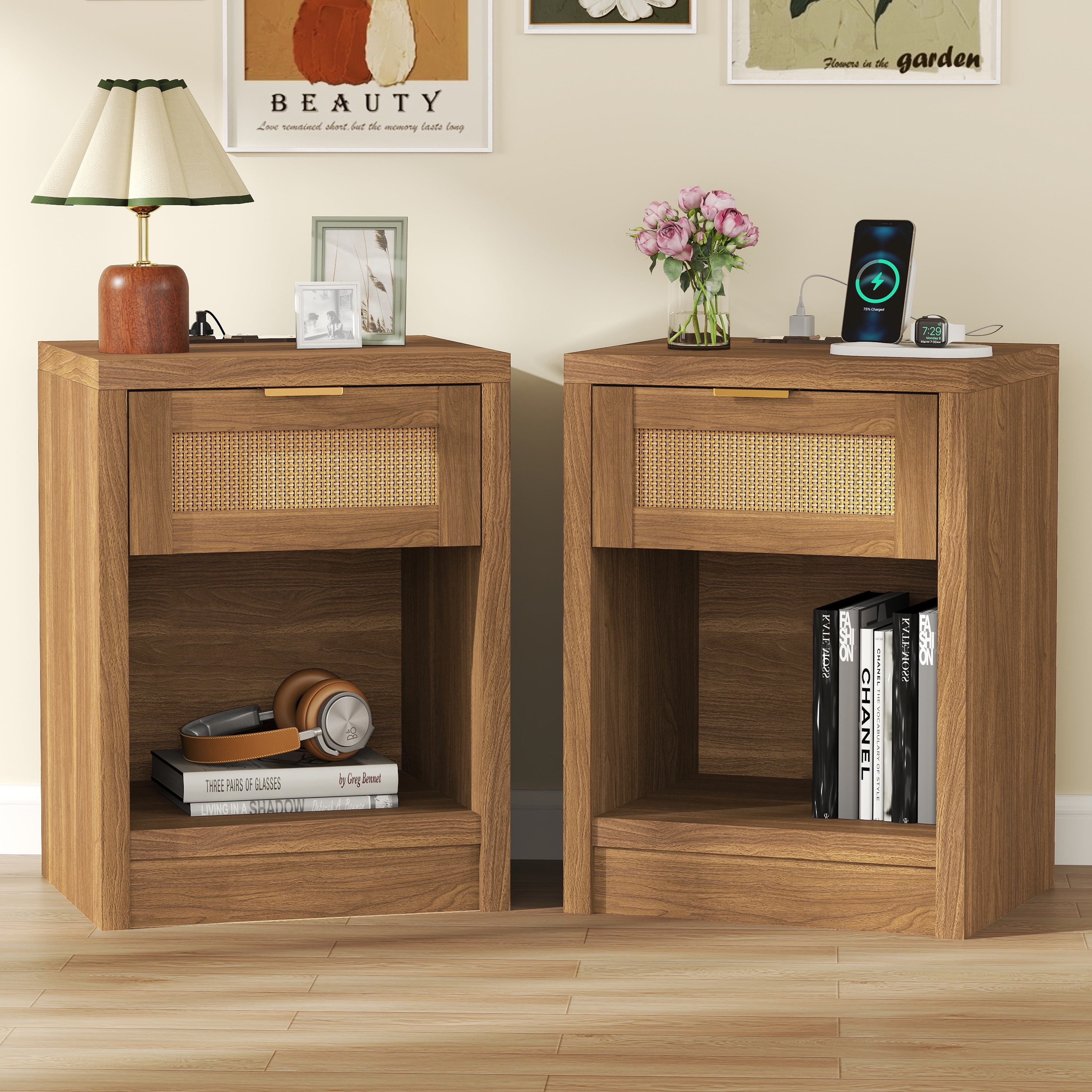 ARKANTOS Rattan Nightstand with Charging Station Set of 2 Bedside Table ...