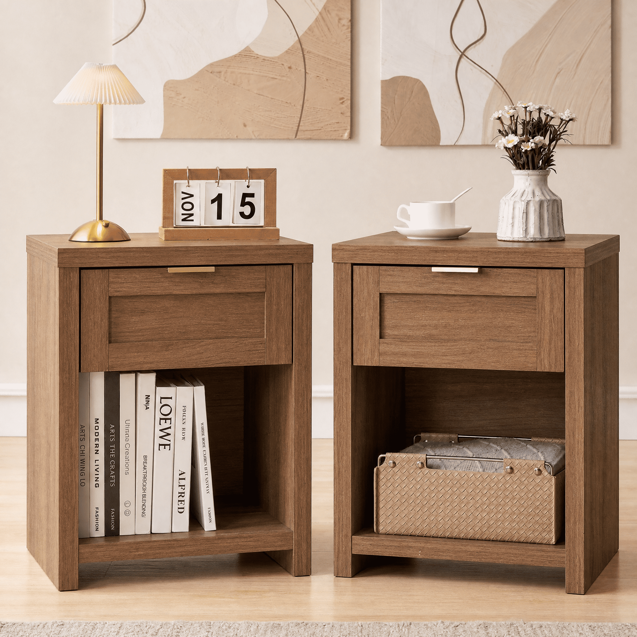 "ARKANTOS Rattan Nightstand with Charging Station, Set of 2, Walnut, 18 ...