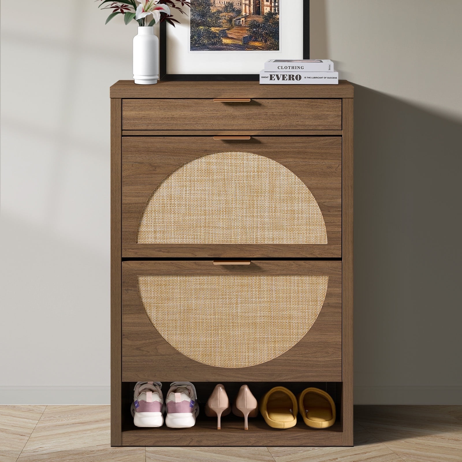 ARKANTOS Rattan Shoe Cabinet with 2 Flip Drawers for Entryway Narrow ...
