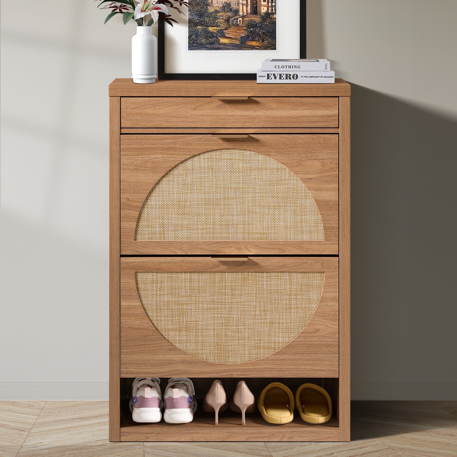 ARKANTOS Rattan Shoe Cabinet with 2 Flip Drawers for Entryway Narrow ...