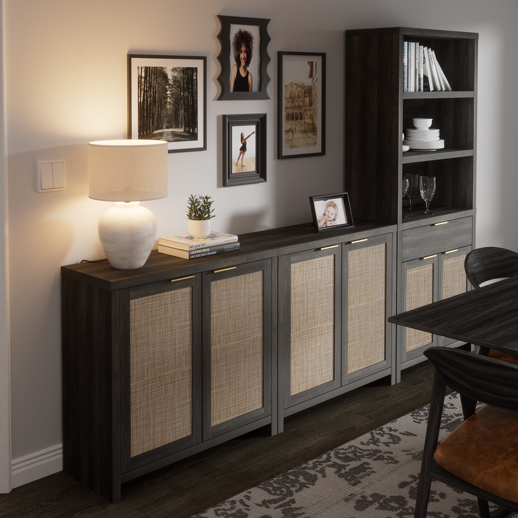 ARKANTOS Rattan Sideboard Cabinet with 1 Adjustable Shelf, Charcoal Oak ...