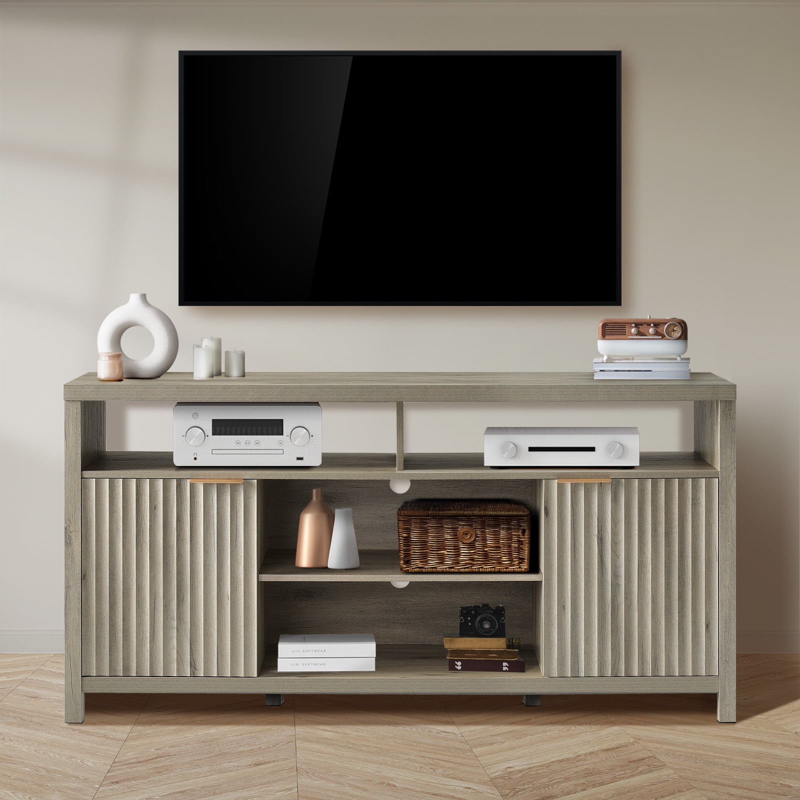 ARKANTOS Wood TV Stand for TVs up to 65 inch Wave Pattern with 2 Doors ...
