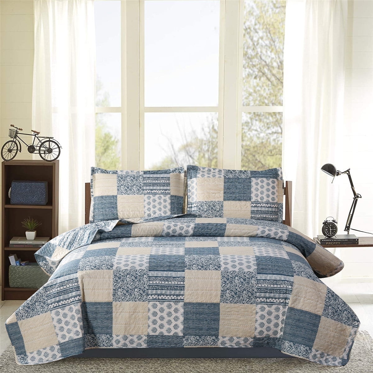 ARL HOME Bedspread Set King Size Stripe Plaid Quilt Bedding Set Leaves Floral Patchwork Quilt ...