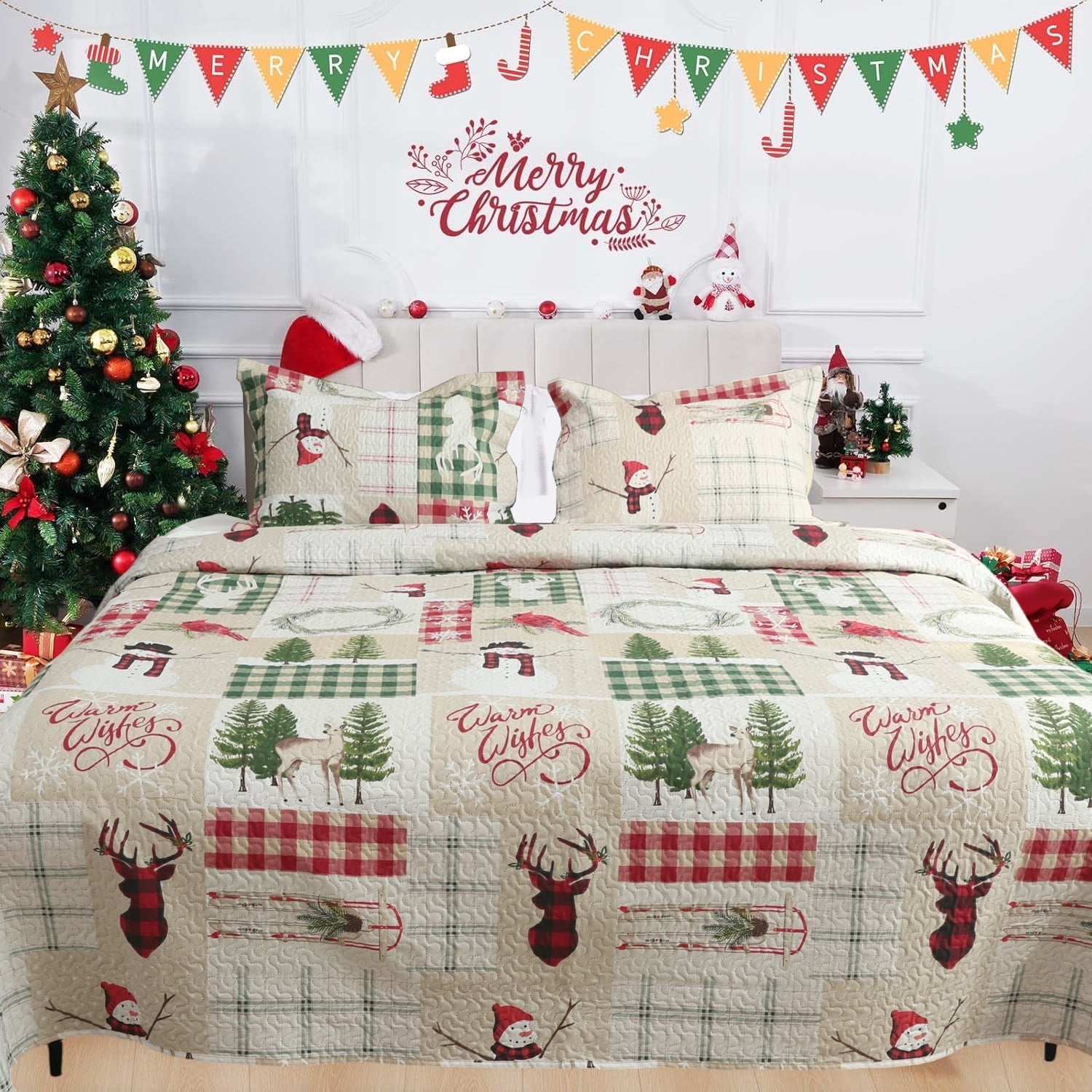 Beartech Christmas Quilt Set Twin Size Christmas Bedding Reversible ...