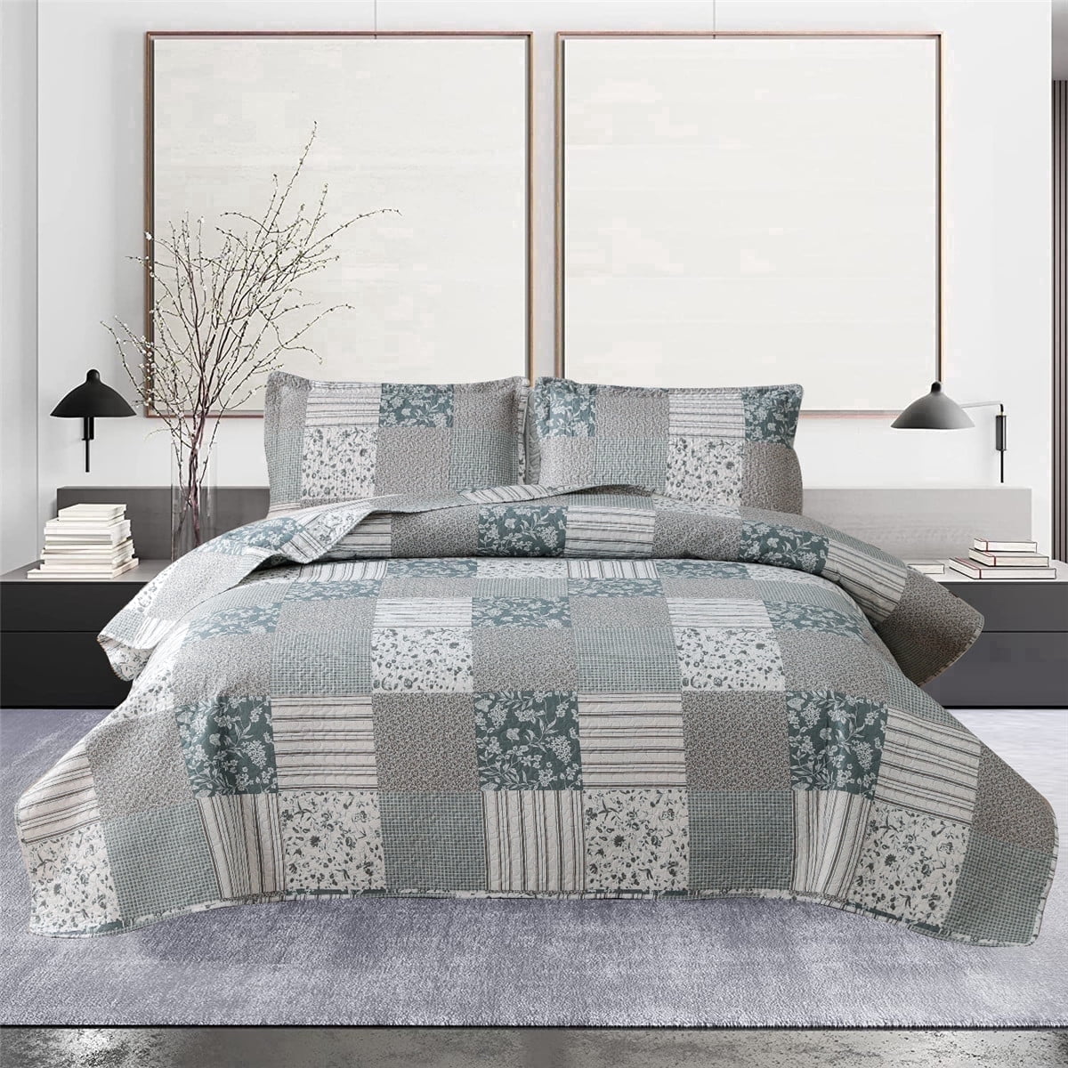 ARL HOME 3 Piece Queen/Full Floral Patchwork Quilt Set, Lightweight ...