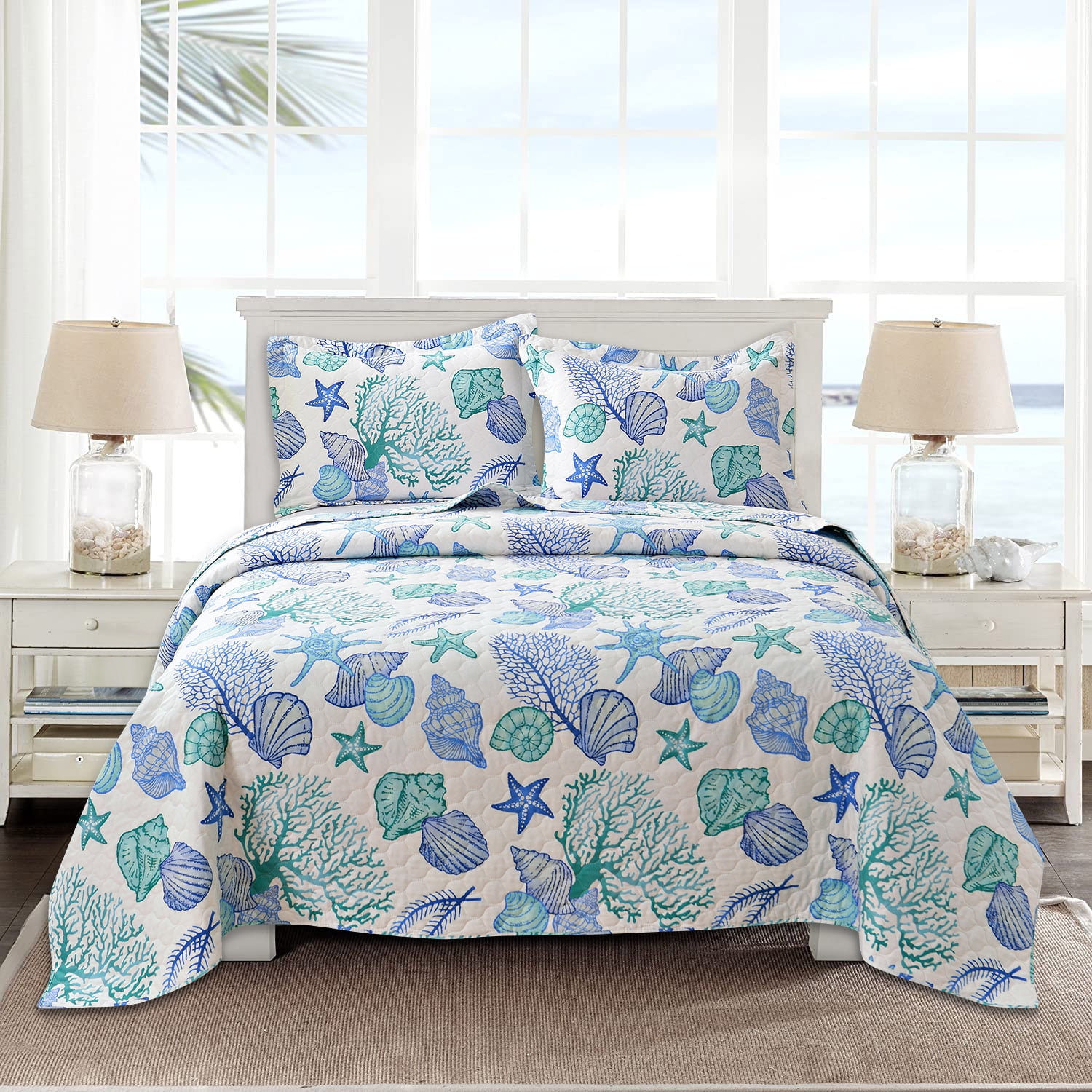 ARL HOME Twin Size Ocean Quilt, Coastal Blue Microfiber Bedspread ...