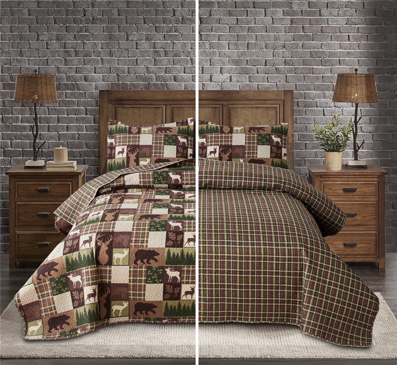 ARL HOME Rustic King Size Quilt Set, Moose Bear Brown Plaid ...
