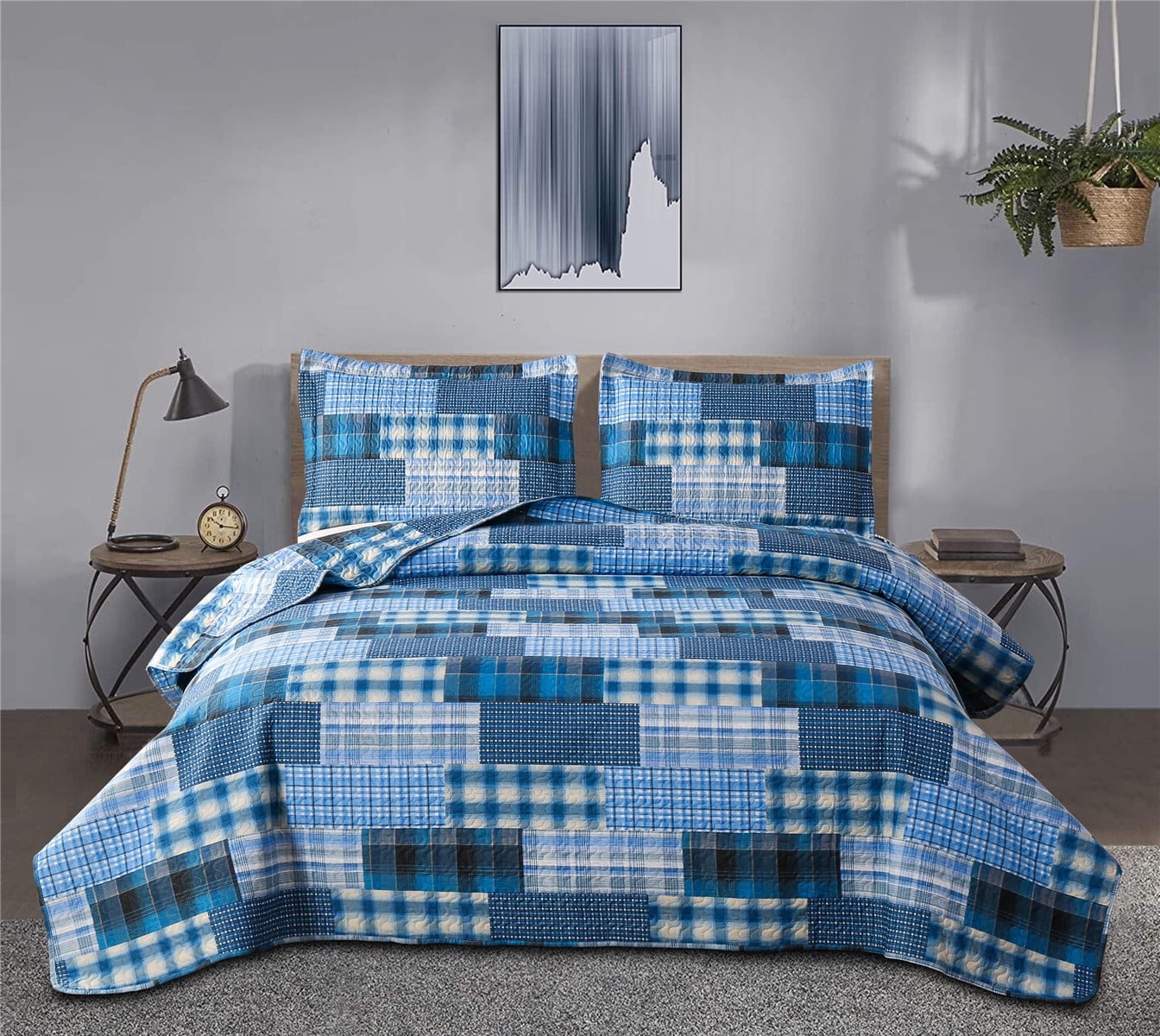 ARL HOME Queen Size Quilt Set, Blue Plaid Patchwork Bedding ...