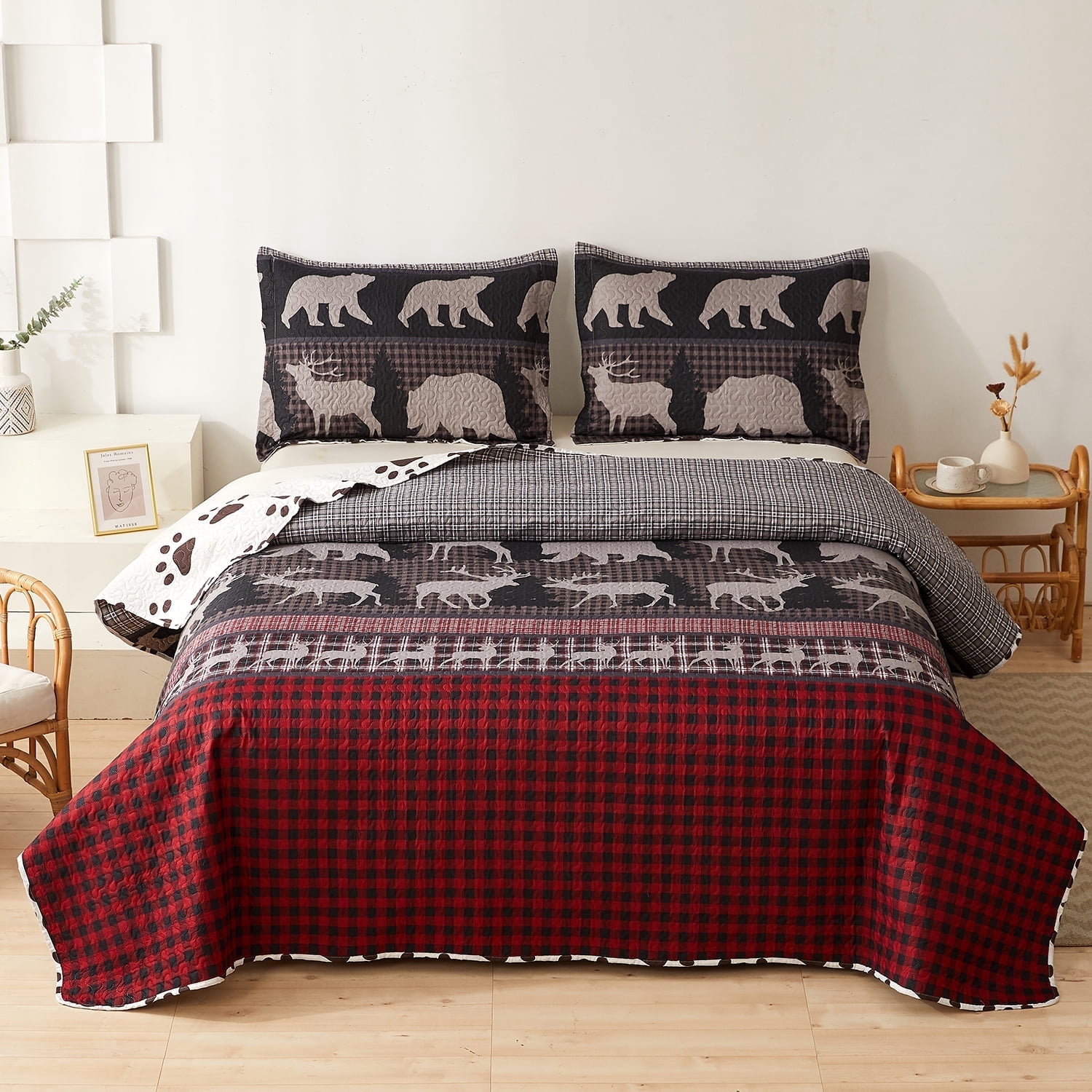 ARL HOME Queen Rustic Bear Bedding, Red Black Buffalo Plaid, Cabin ...