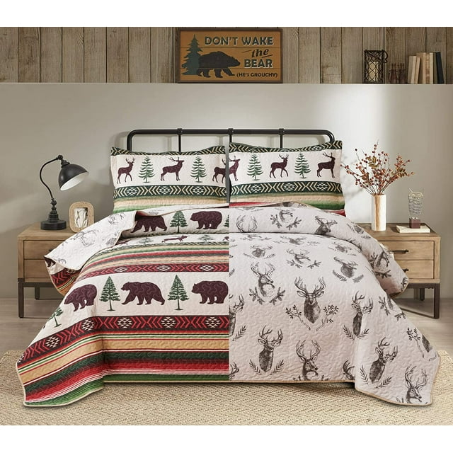 ARL HOME Quilt Set Queen Size Moose Bear Red Green Stripe Quilt ...