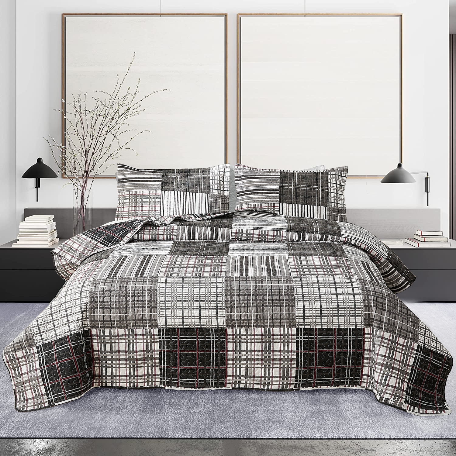 ARL HOME Oversized Queen Quilt Set, Plaid Patchwork Microfiber ...