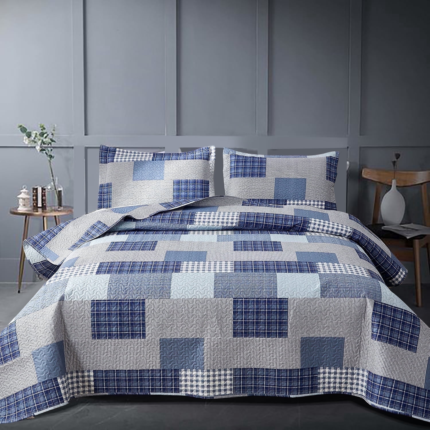 Beartech Quilt Set Queen Size Plaid Patchwork Microfiber Lightweight ...