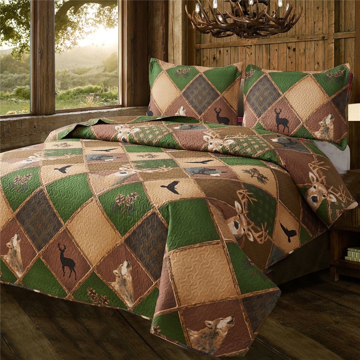 ARL HOME Quilt Set Queen Size Rustic Cabin Animal Brown Green Plaid ...