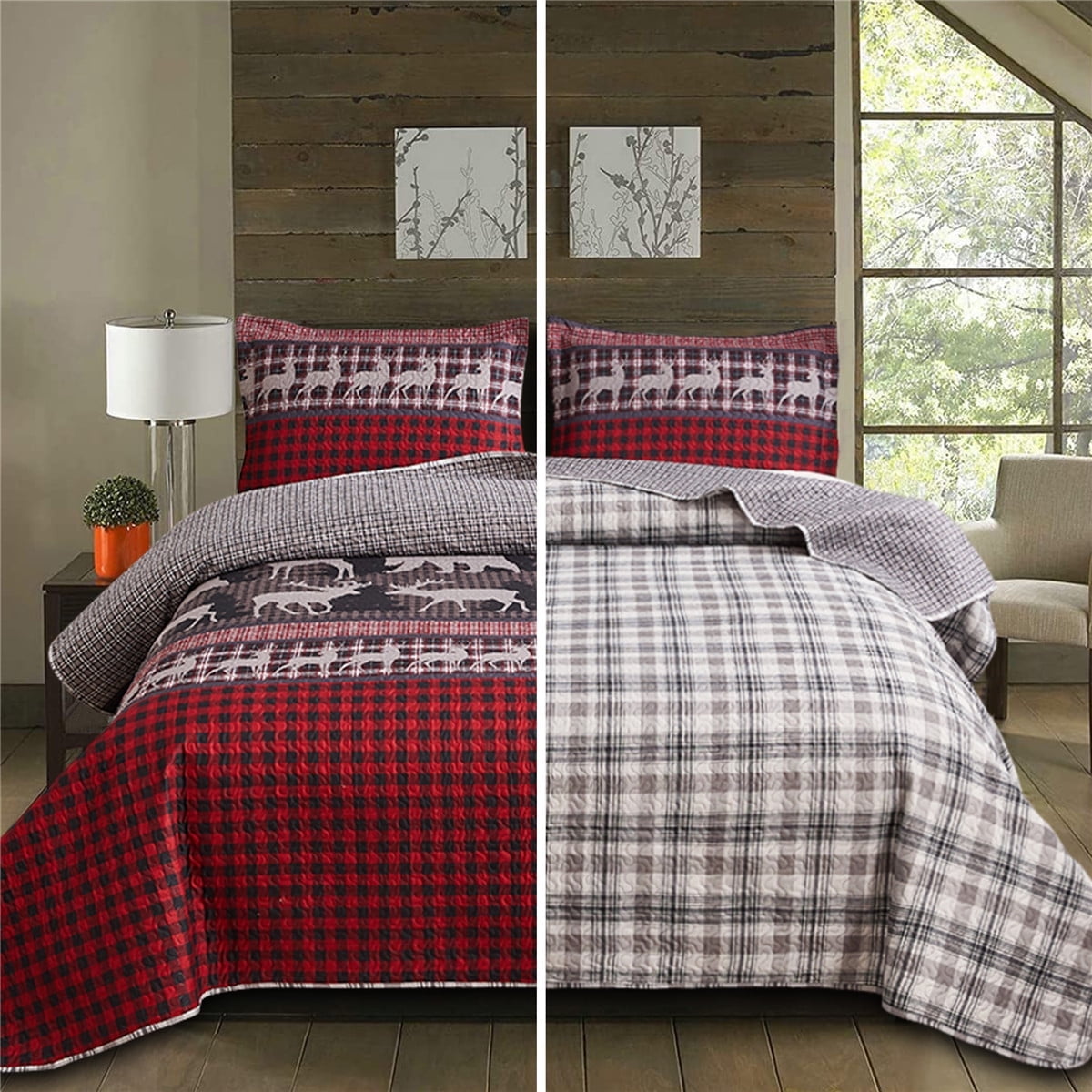 ARL HOME Quilt Set Twin Size Rustic Bear Bedding Red Black Buffalo ...