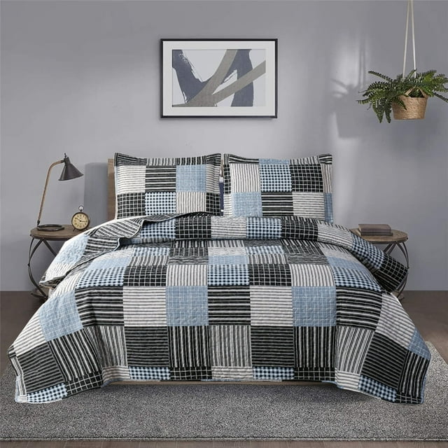 ARL Home Full/Queen Plaid Quilt Set Bedding Blue Black Stripe Checkered ...