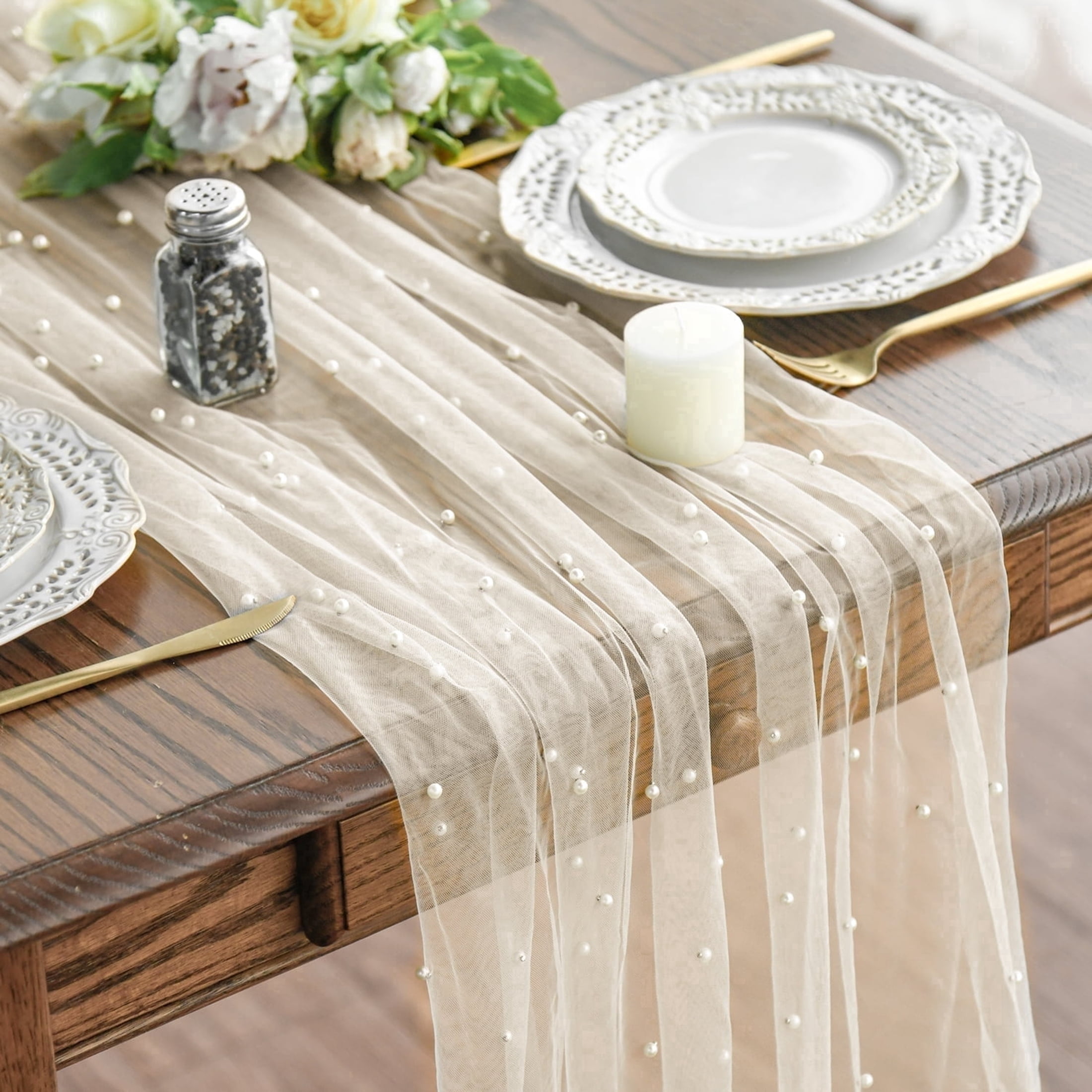 ARLAJO Pearl Beige Gauze Table Runner 120 Inch 10FT, Table Decor for ...