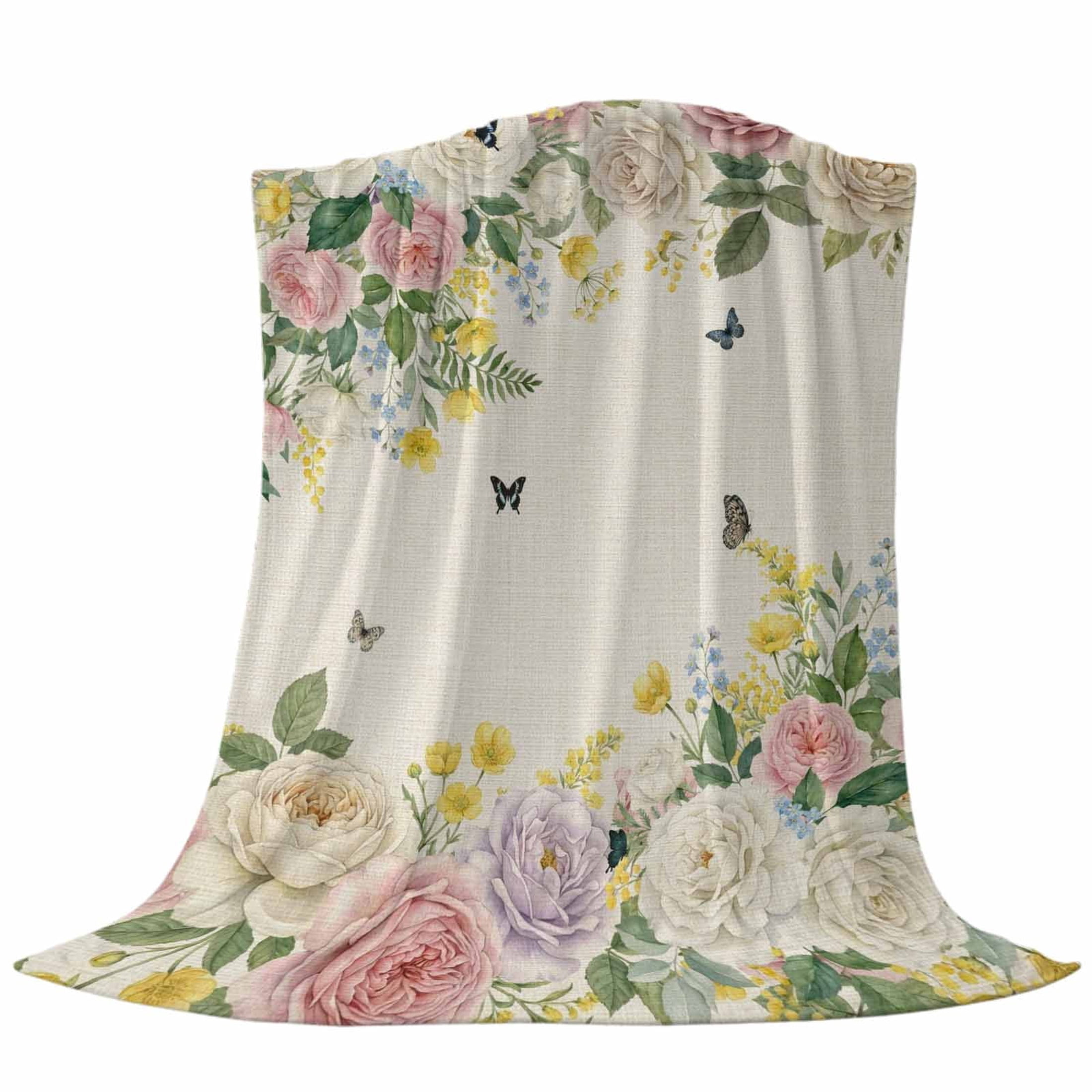 ARLAJO Vintage Flowers Throw Flannel Blanket White Pink Purple Flower ...