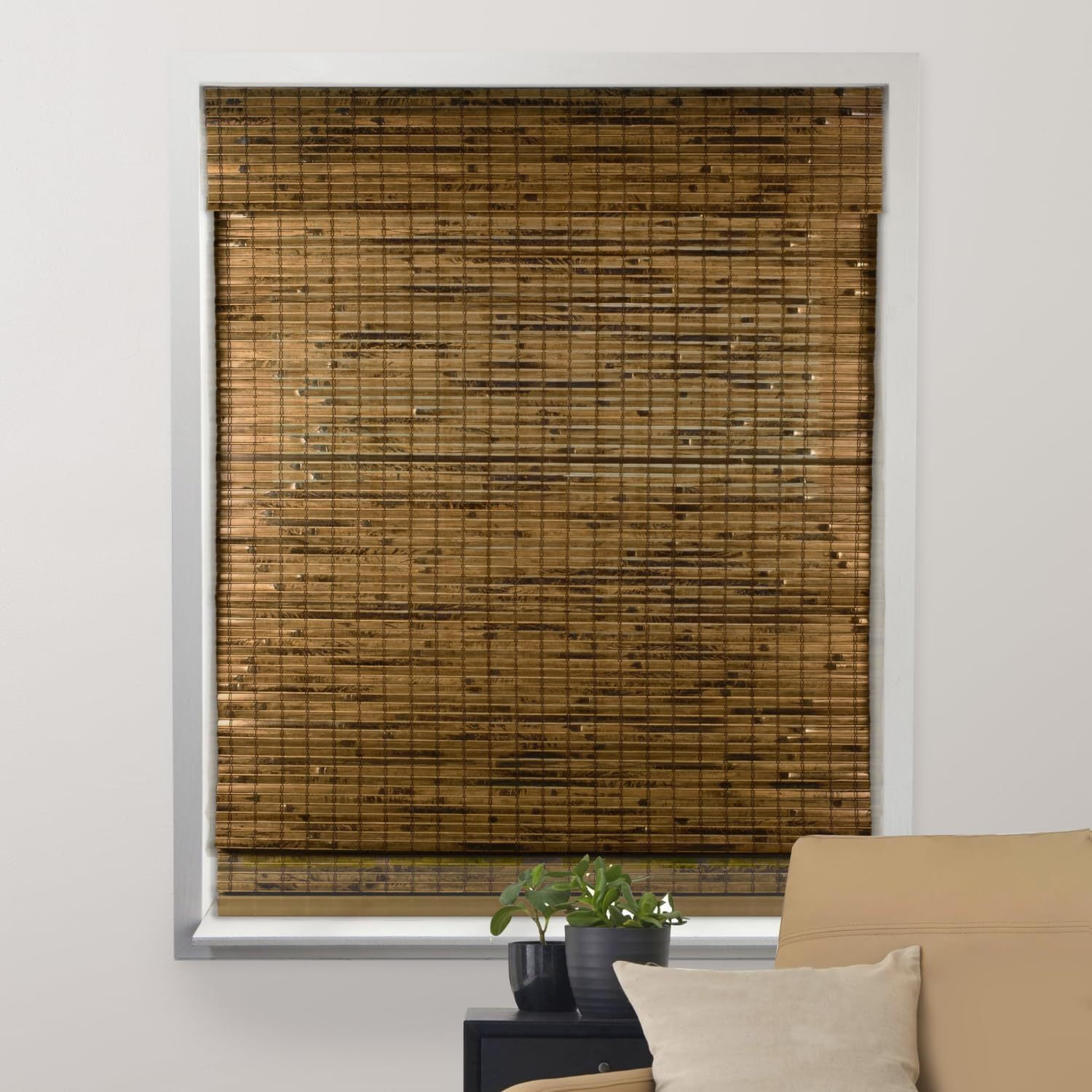 ARLO BLINDS Sheer Bamboo Roman Shades with Valance - Java Deep, 22" W x 74" H - Light Filtering ...
