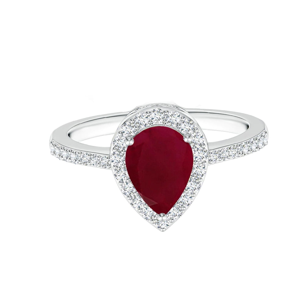 ARMOURA JEWELS Pear Shape Red Ruby Solitaire With Accents Ring 925 Sterling Silver Wedding ...
