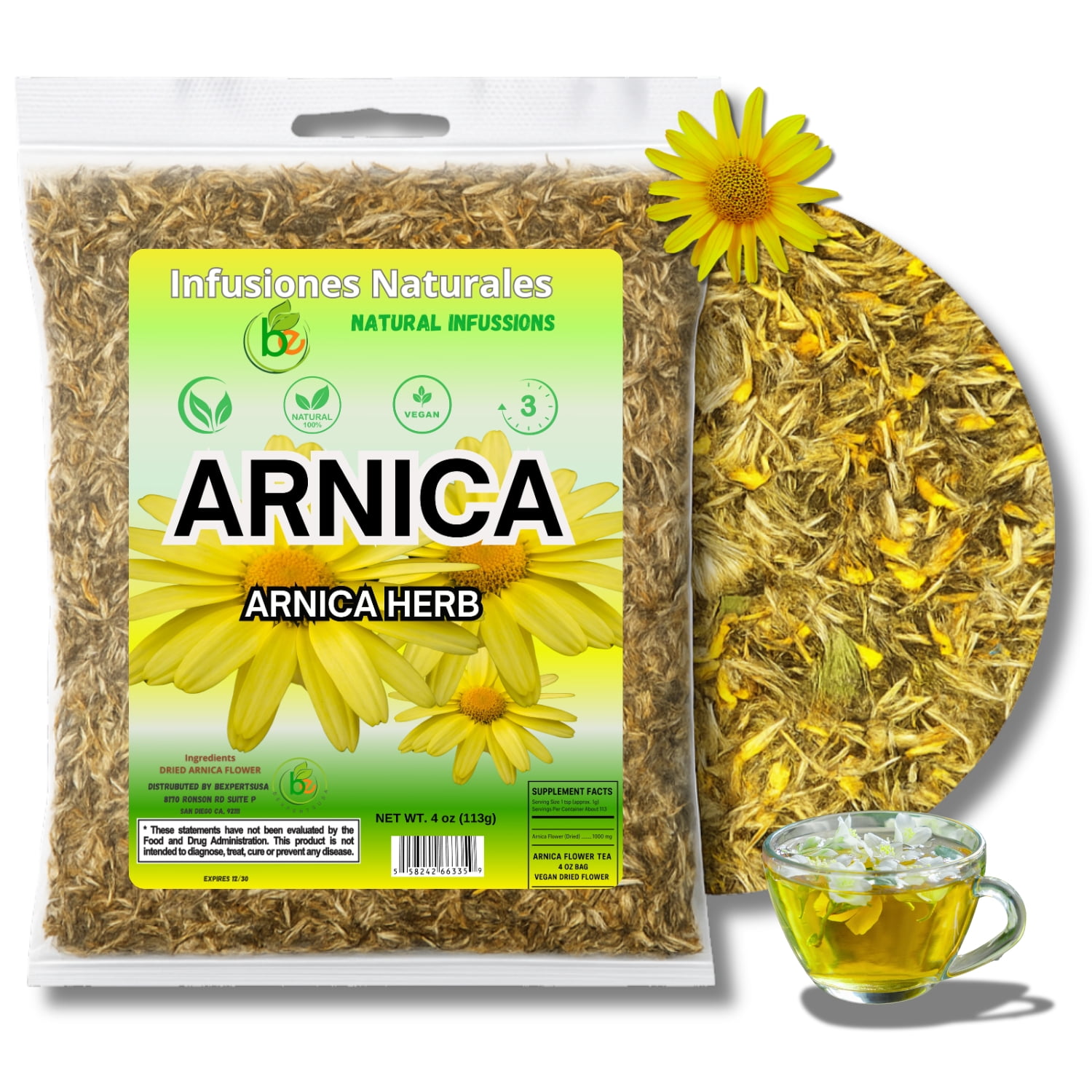 B-EXPERTS Arnica Tea, 4 oz Loose Leaf, Wildcrafted Petals, Stainless ...
