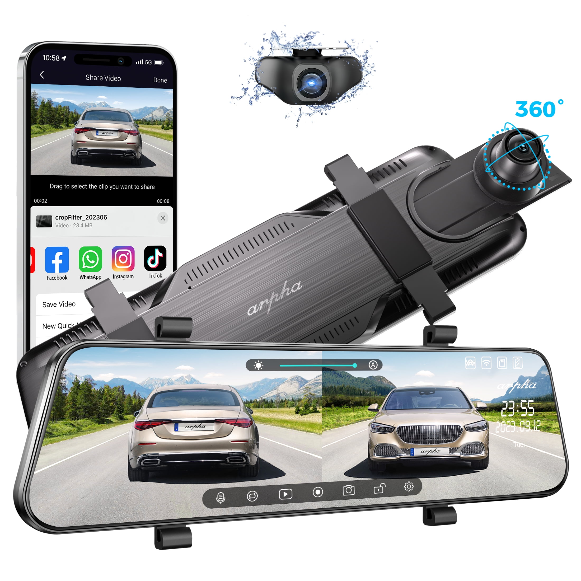 ARPHA 10" Mirror Dash Cam with WiFi,1080P Front and Rear view mirror ...