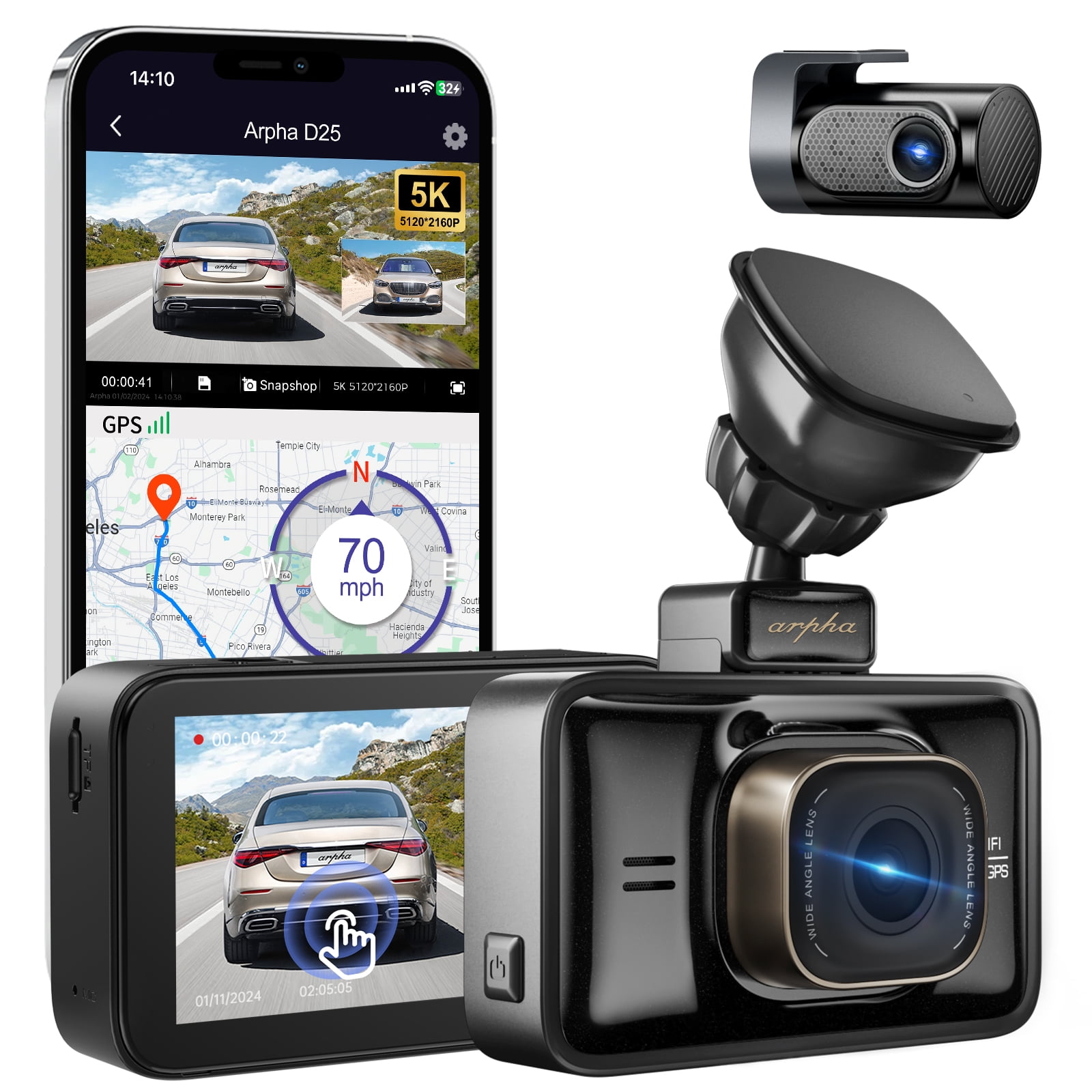 ARPHA Dash Cam Front and Rear, 4K+1080P Car Camera with 3'' Touch ...